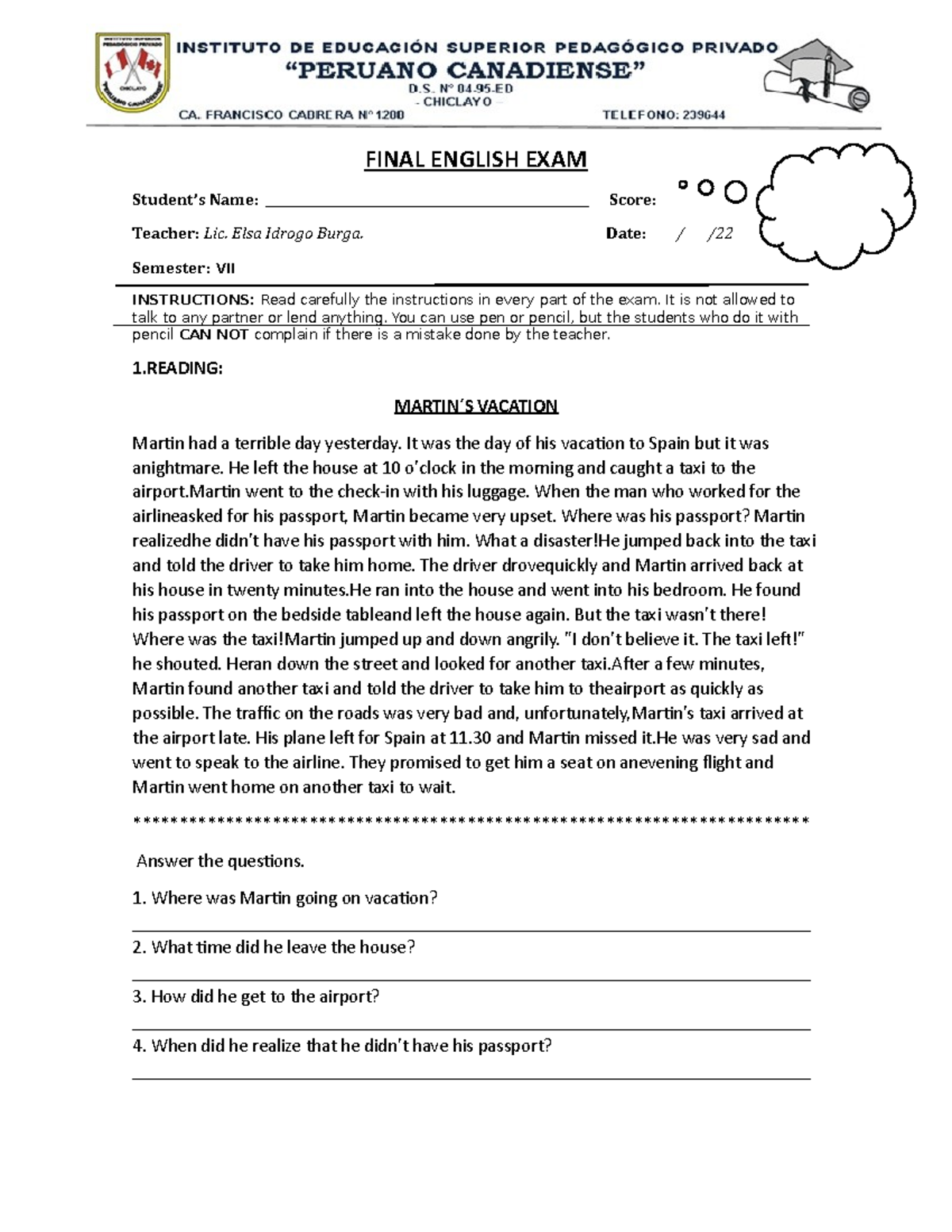 Final English EXAM VII - importante - FINAL ENGLISH EXAM Student’s Name ...