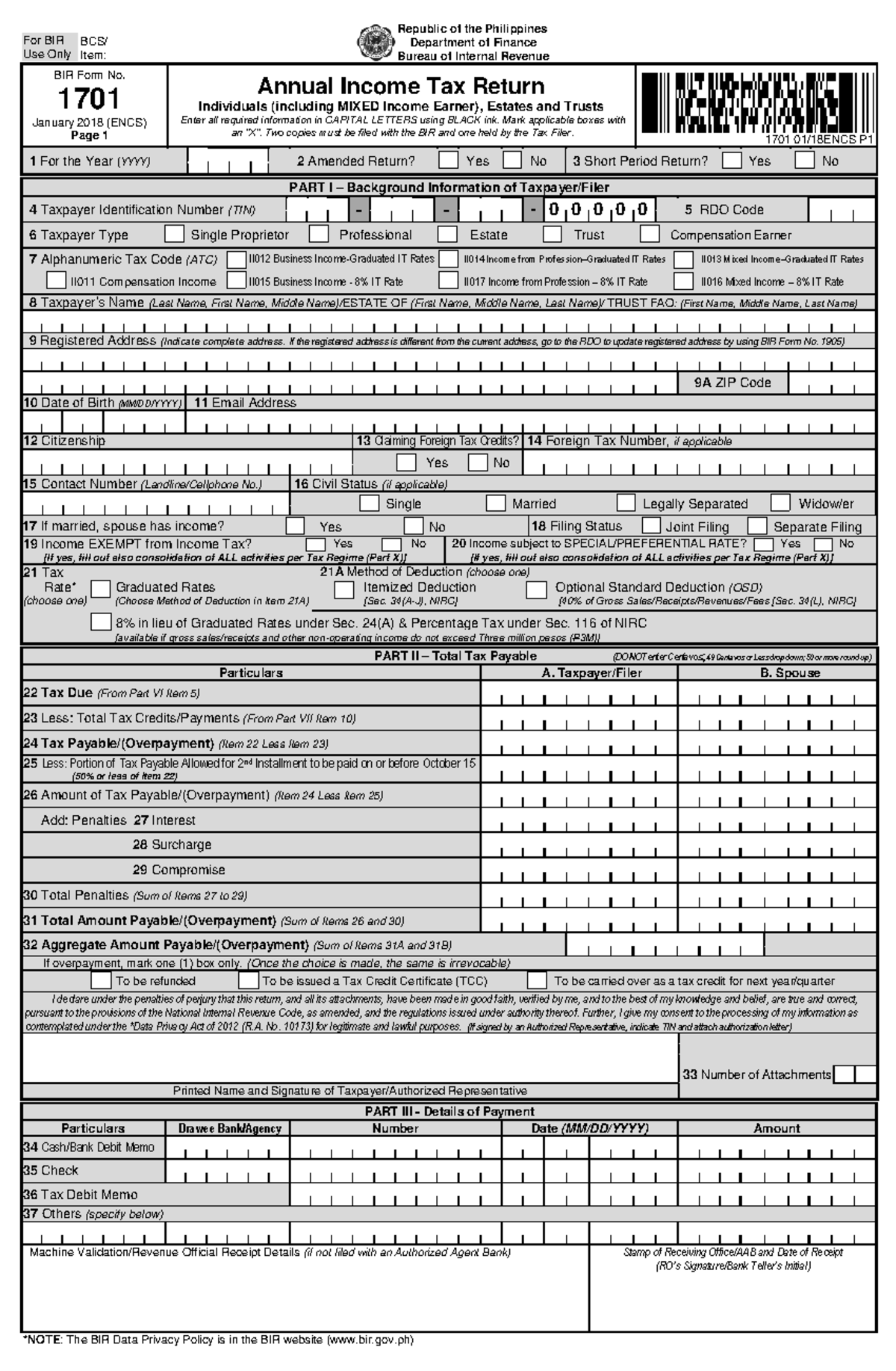 1701 jan 2018 encs - vvvvvvvvv - BIR Form No**.** 1701 January 2018 ...