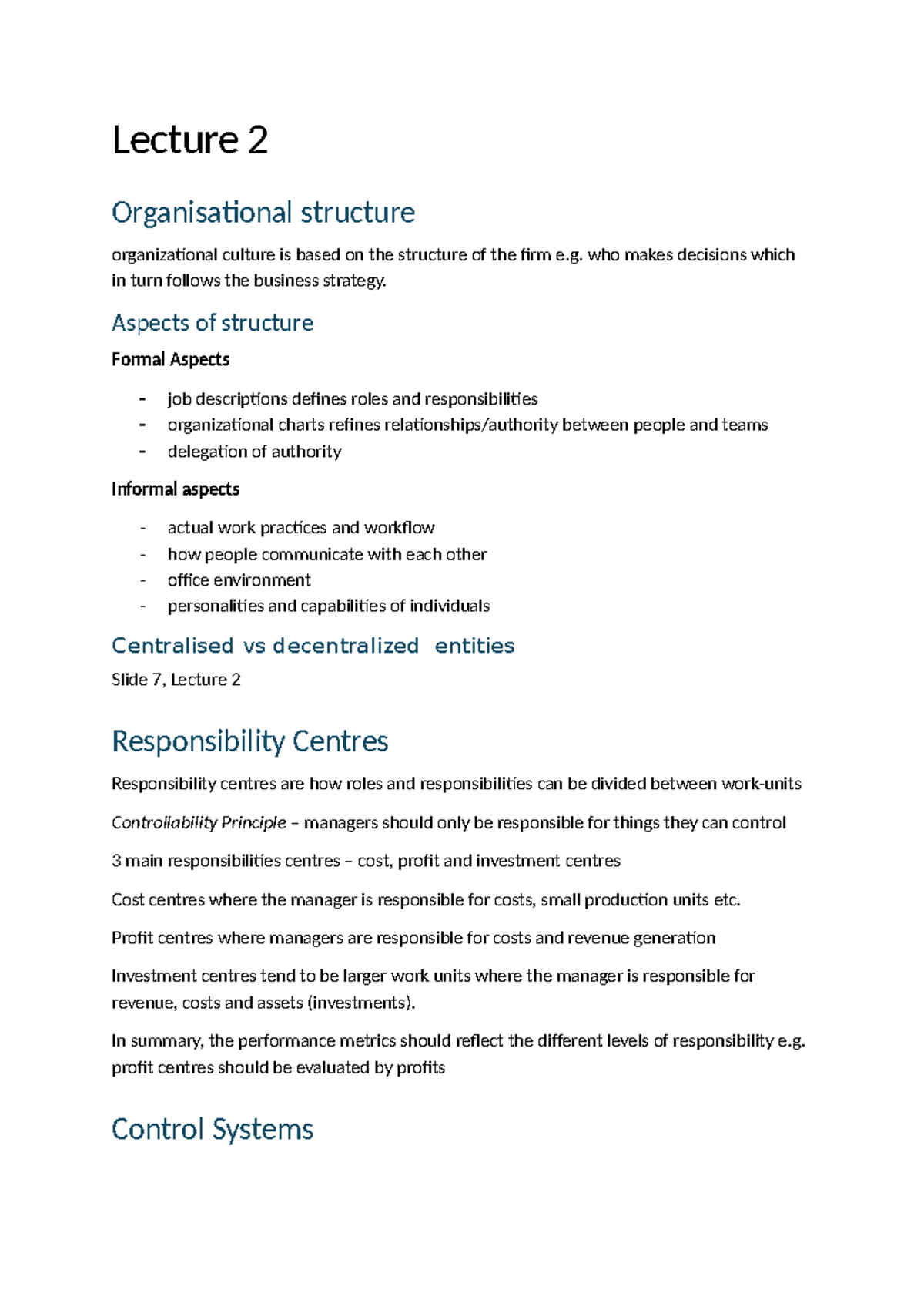 Lecture 2 Notes - Lecture 2 Organisational structure organizational ...