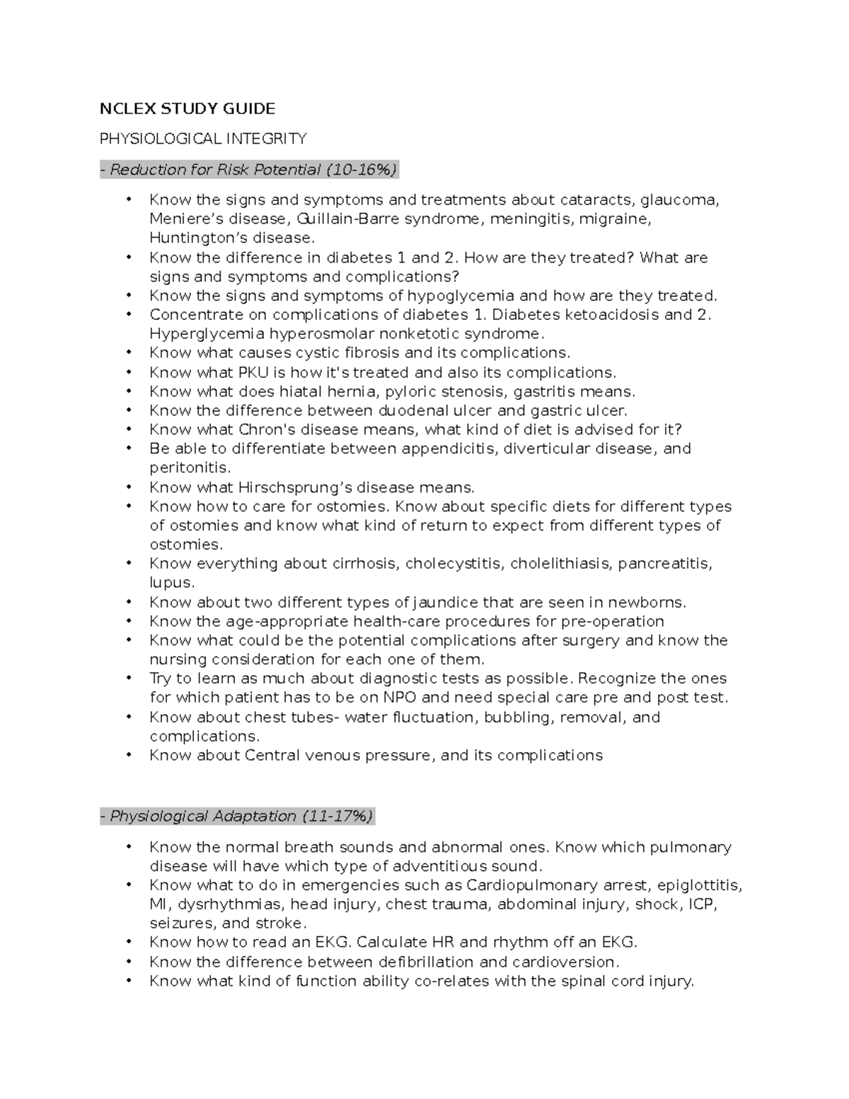 Nclex study guide - NCLEX STUDY GUIDE PHYSIOLOGICAL INTEGRITY Reduction ...
