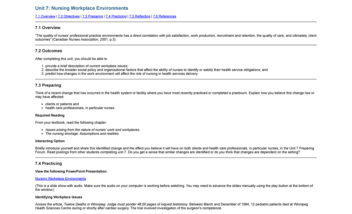 Unit 7 Nursing Workplace Environments - Unit 7: Nursing Workplace ...