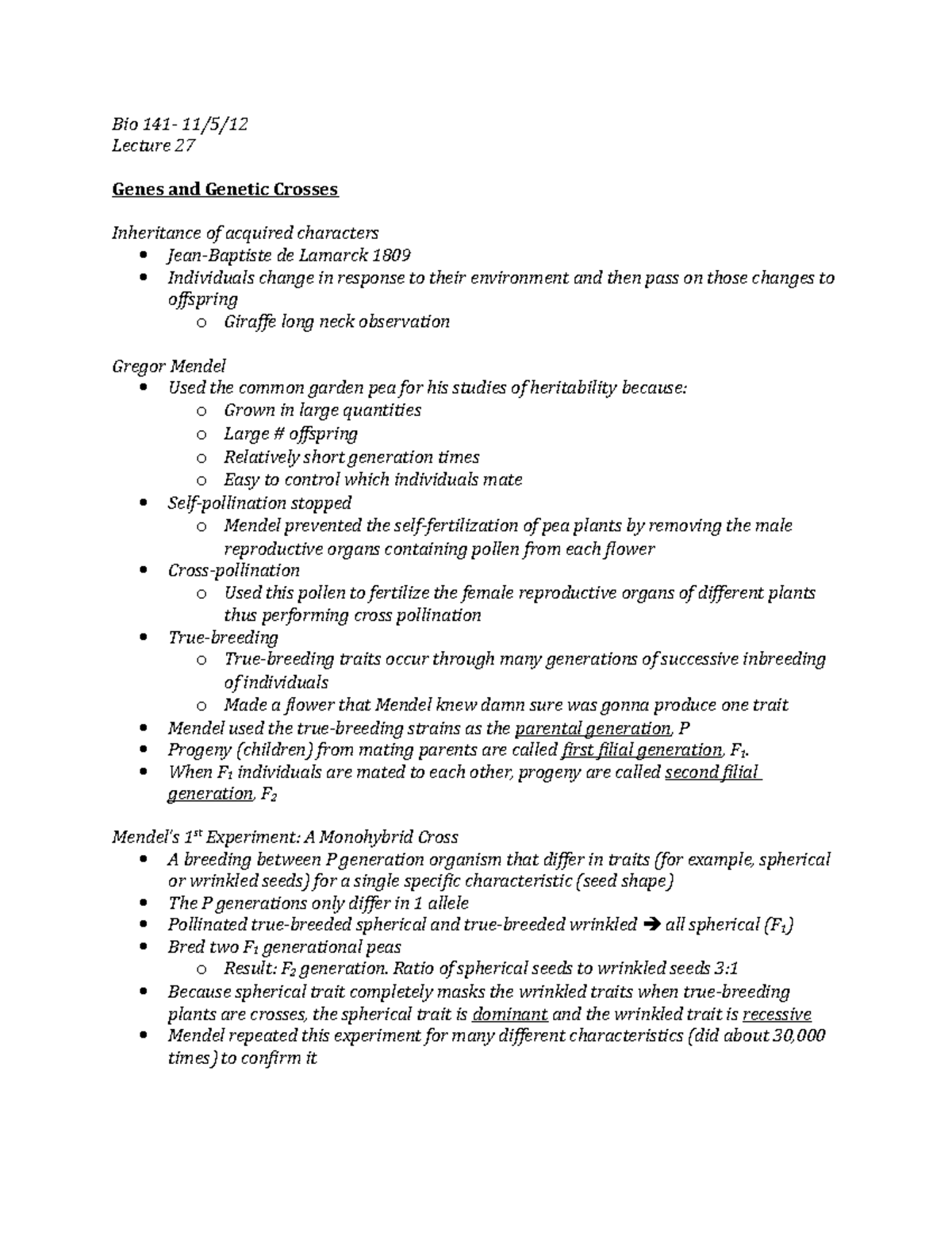 Lect 27- genes and genetic crosses - Bio 141- 11/5/12 Lecture 27 Genes ...