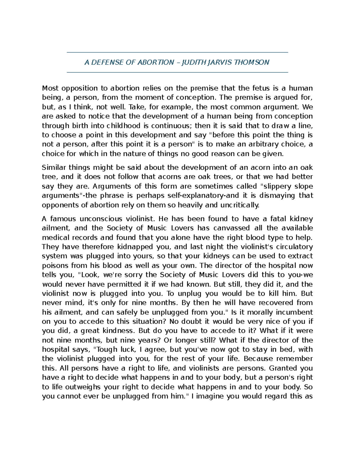 A Defense OF Abortion - Notes from lecture - A DEFENSE OF ABORTION ...