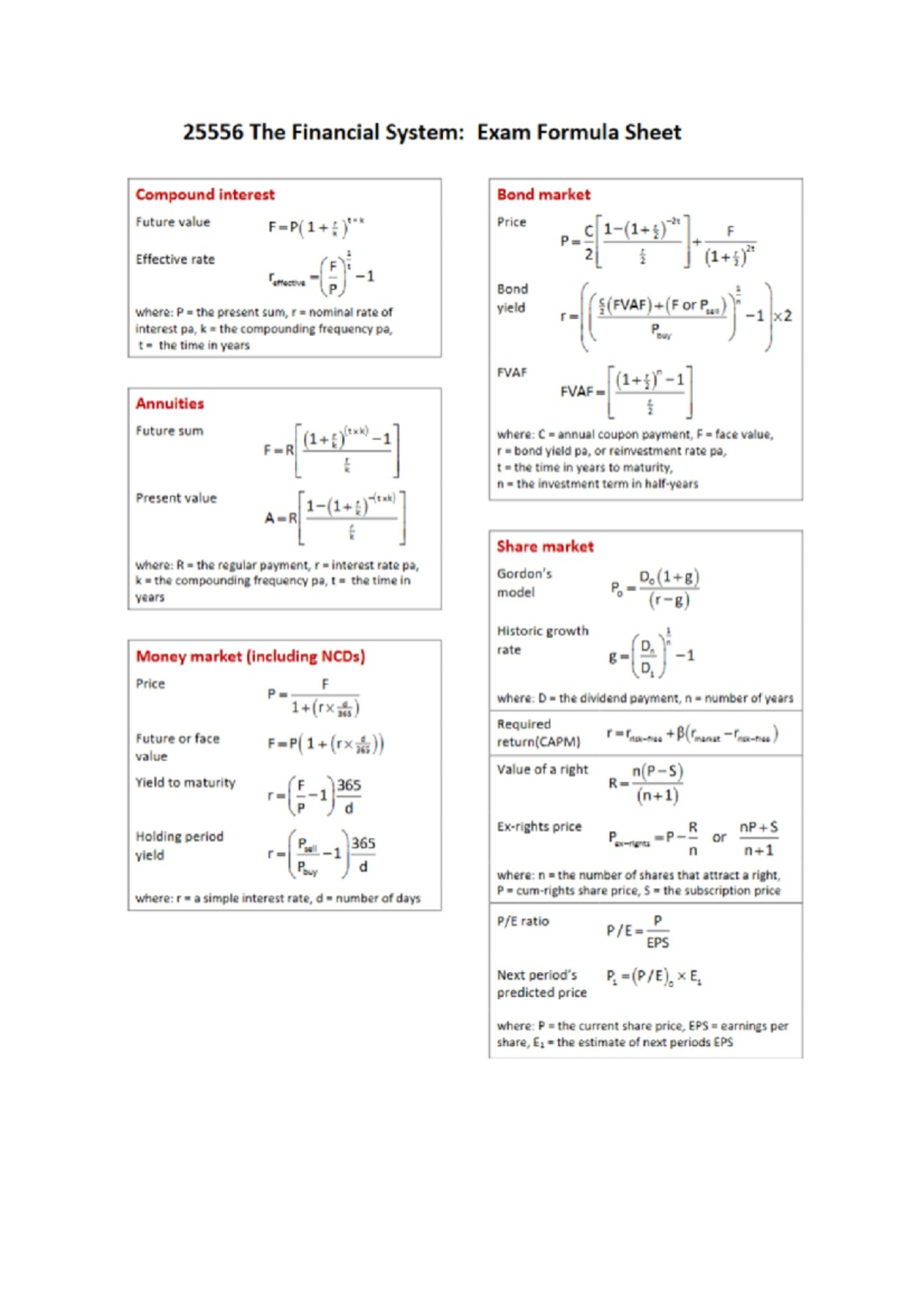 Formula Sheet - Final Exam - 025556 - Studocu