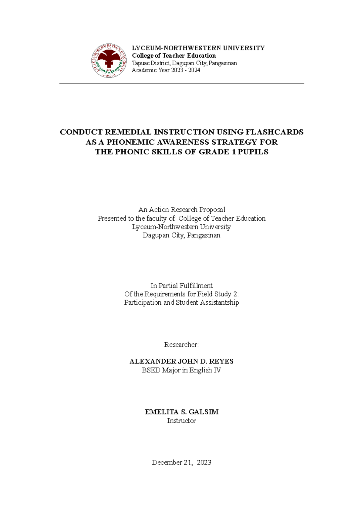 Action Research - Title Page - LYCEUM-NORTHWESTERN UNIVERSITY College ...