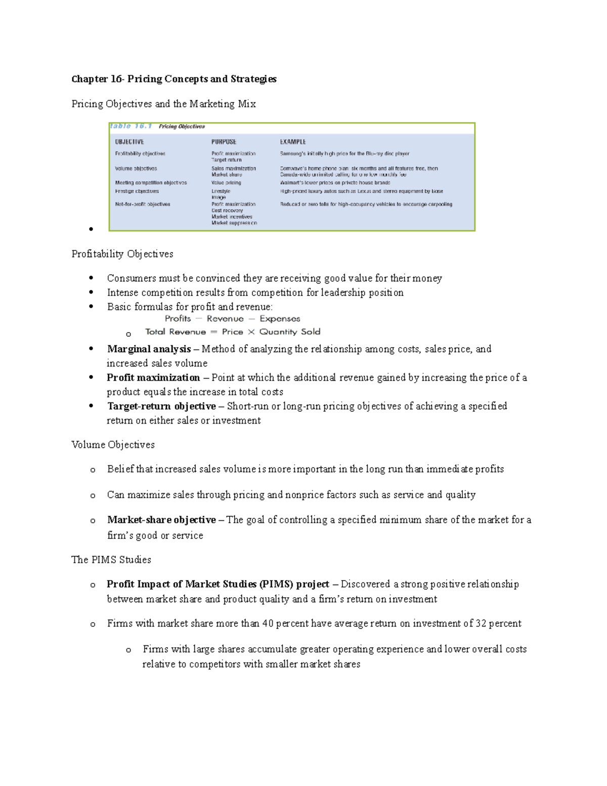 Chapter 16 notes - Chapter Pricing Concepts and Strategies Pricing ...