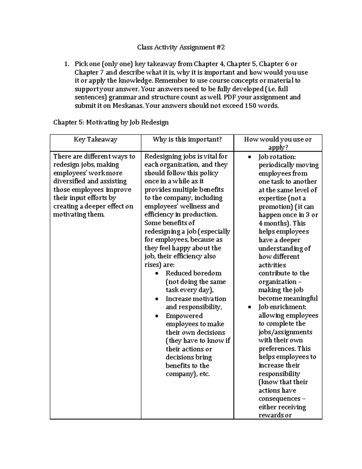 Class Activity Assignment #2 - Chapter 4,5,6,7 Key Takeaway - Class ...