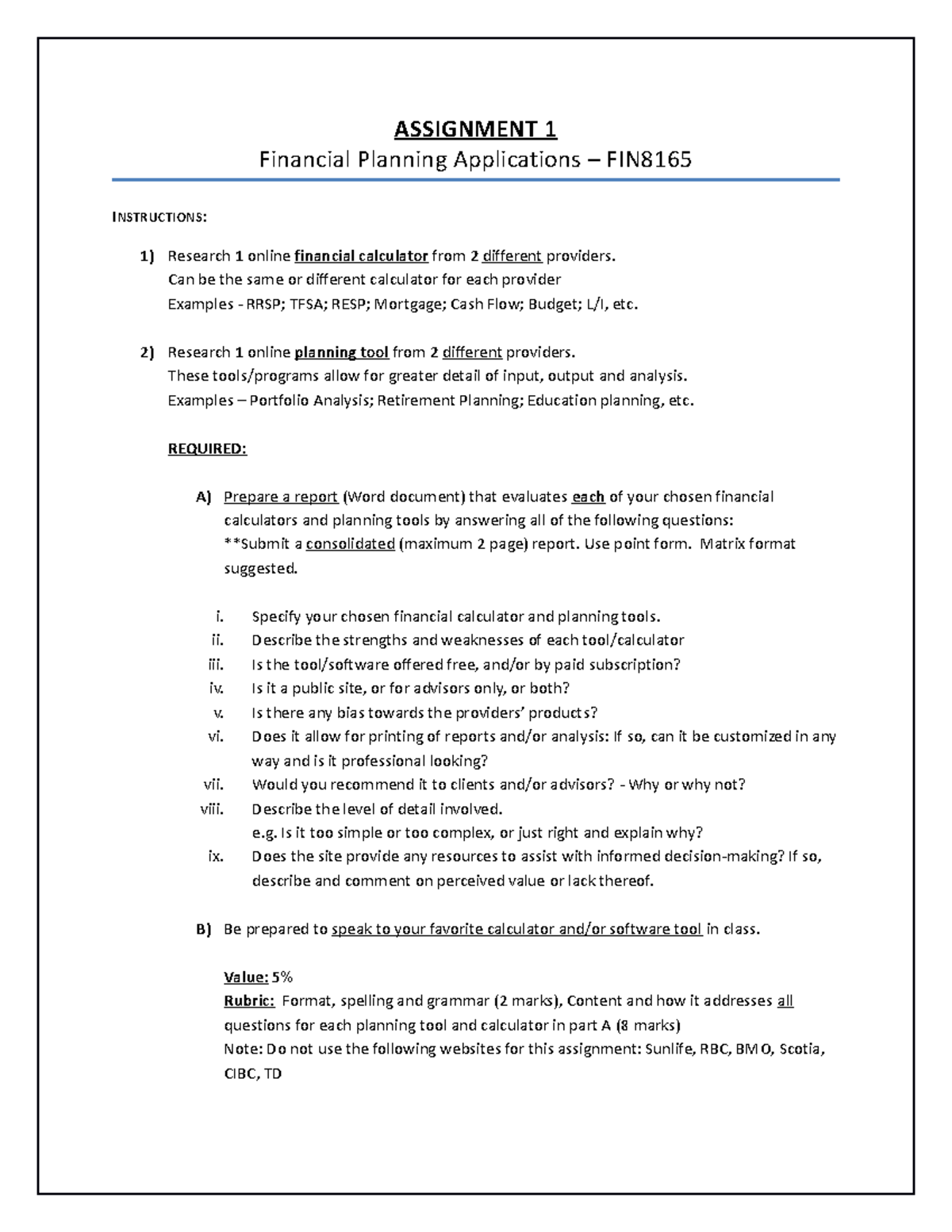 Assignment 1 FIN 8165 (14) - ASSIGNMENT 1 Financial Planning ...