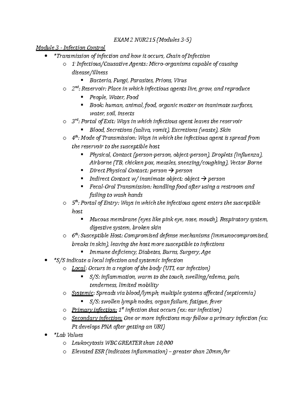 EXAM 2 study guide - EXAM 2 NUR215 (Modules 3-5) Module 3 - Infection ...