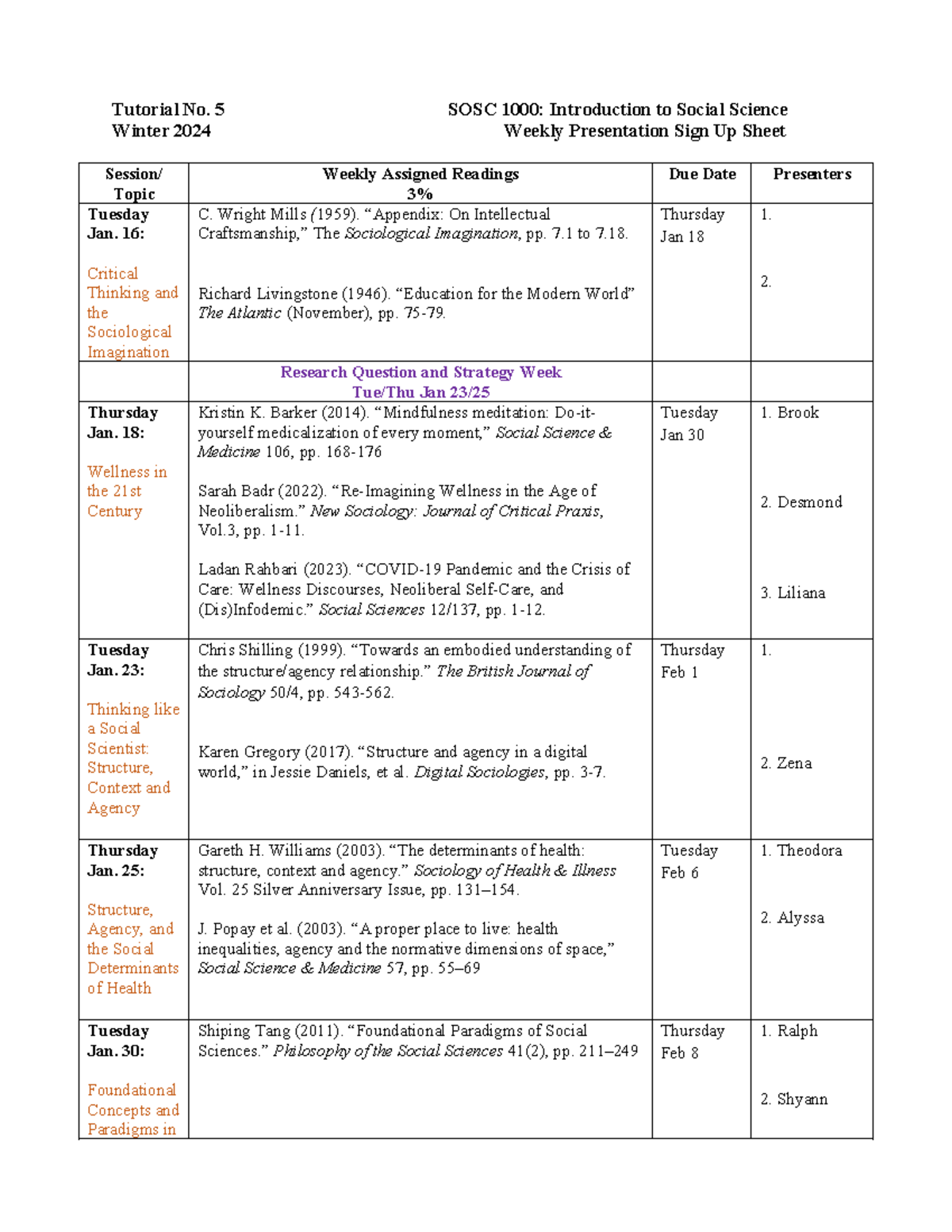 SOSC 1000 Presentation Sign Up T5 - Tutorial No. 5 SOSC 1000: Introduction to Social Science ...