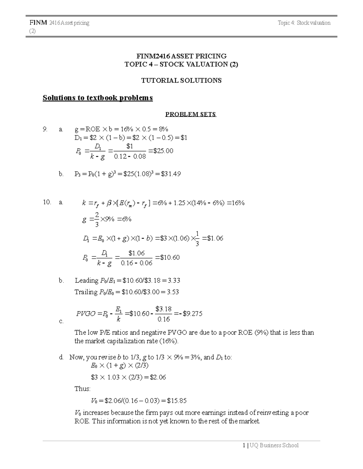 Tutorial Solutions Week 4 - (2) FINM2416 ASSET PRICING TOPIC 4 – STOCK ...