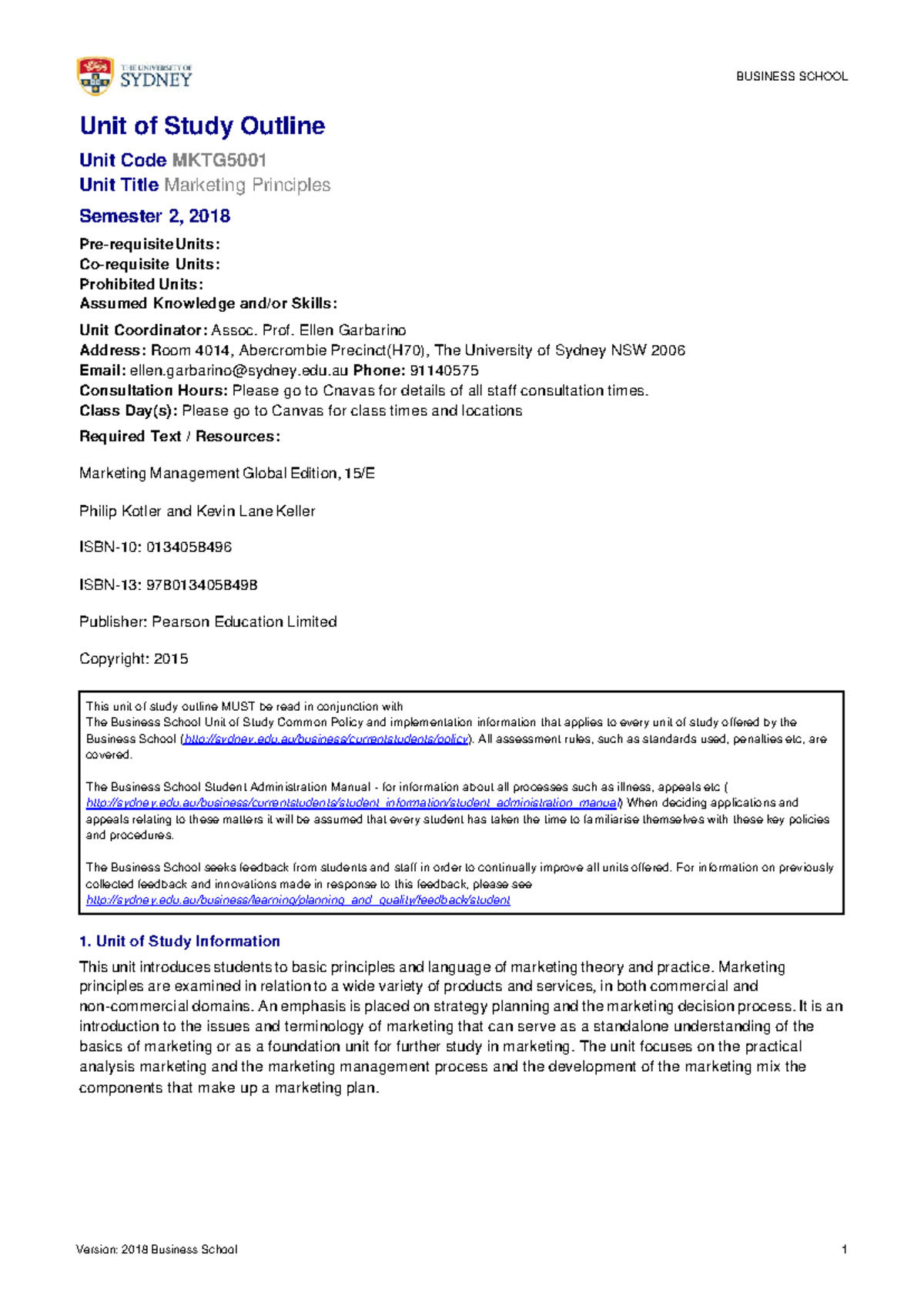 Uo S Outline MKTG5001 SEM2 2018 b - Unit of Study Outline Unit Code ...