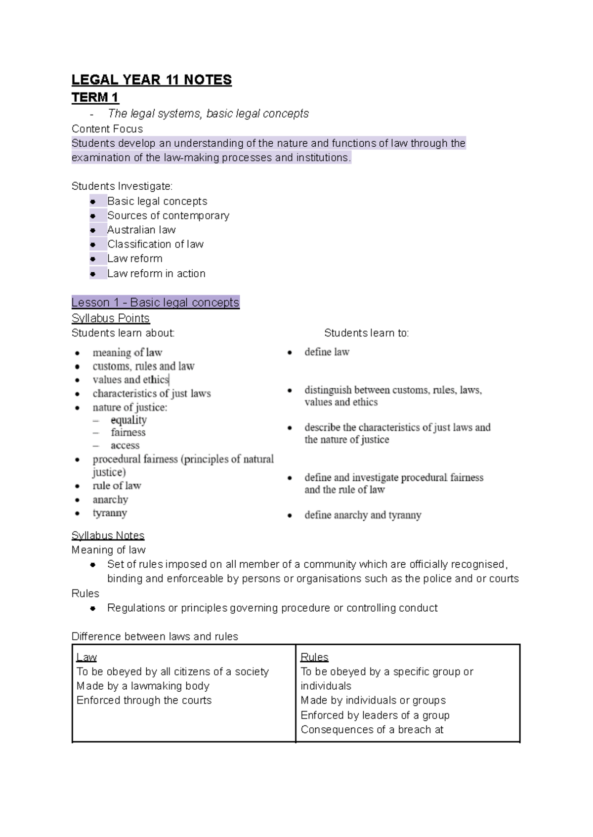Legal YEAR 11 Notes - LEGAL YEAR 11 NOTES TERM 1 The legal systems ...