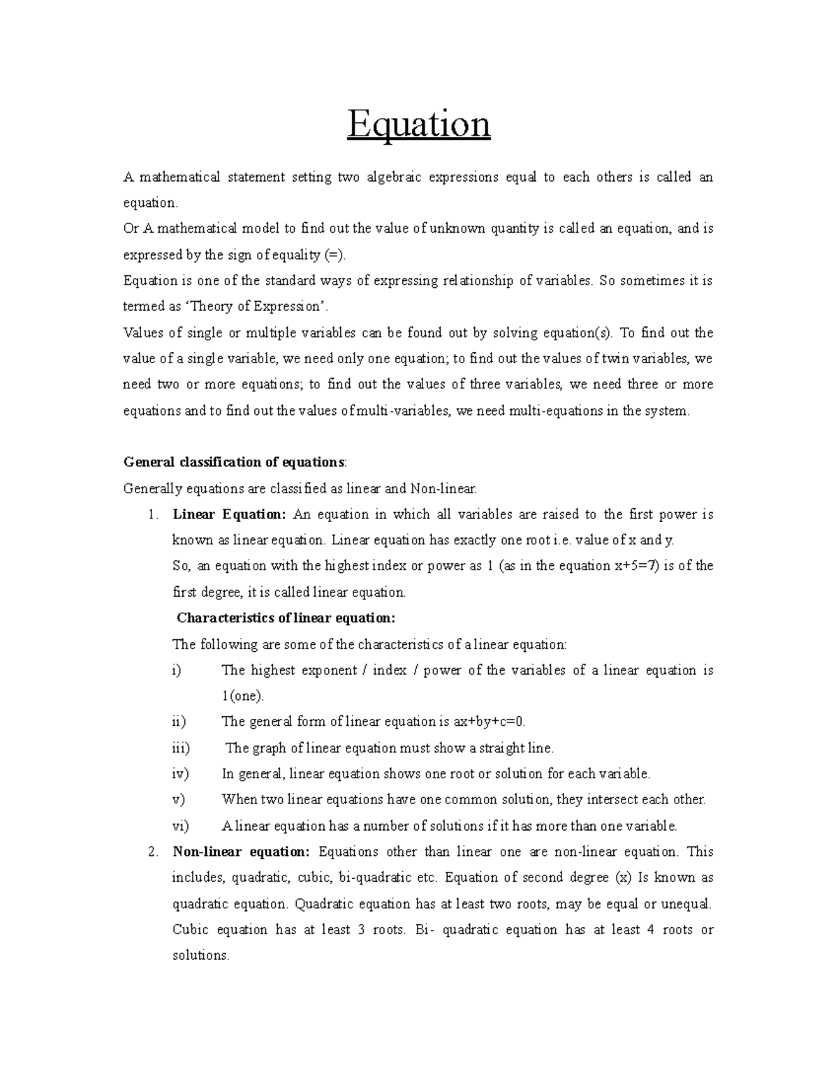 Equations for student - Equation A mathematical statement setting two ...