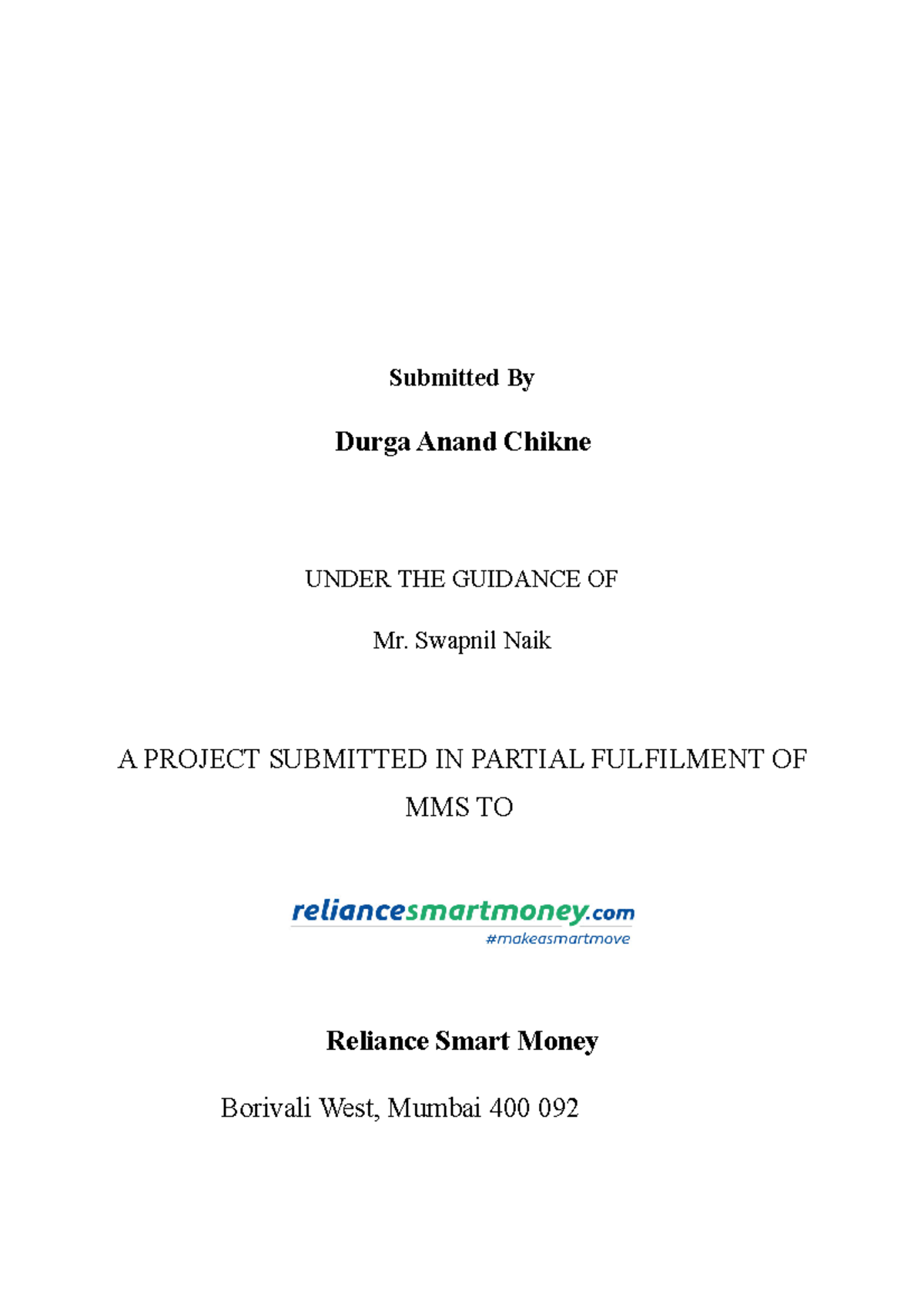 Sample Format - Summer Internship Project - Submitted By Durga Anand ...