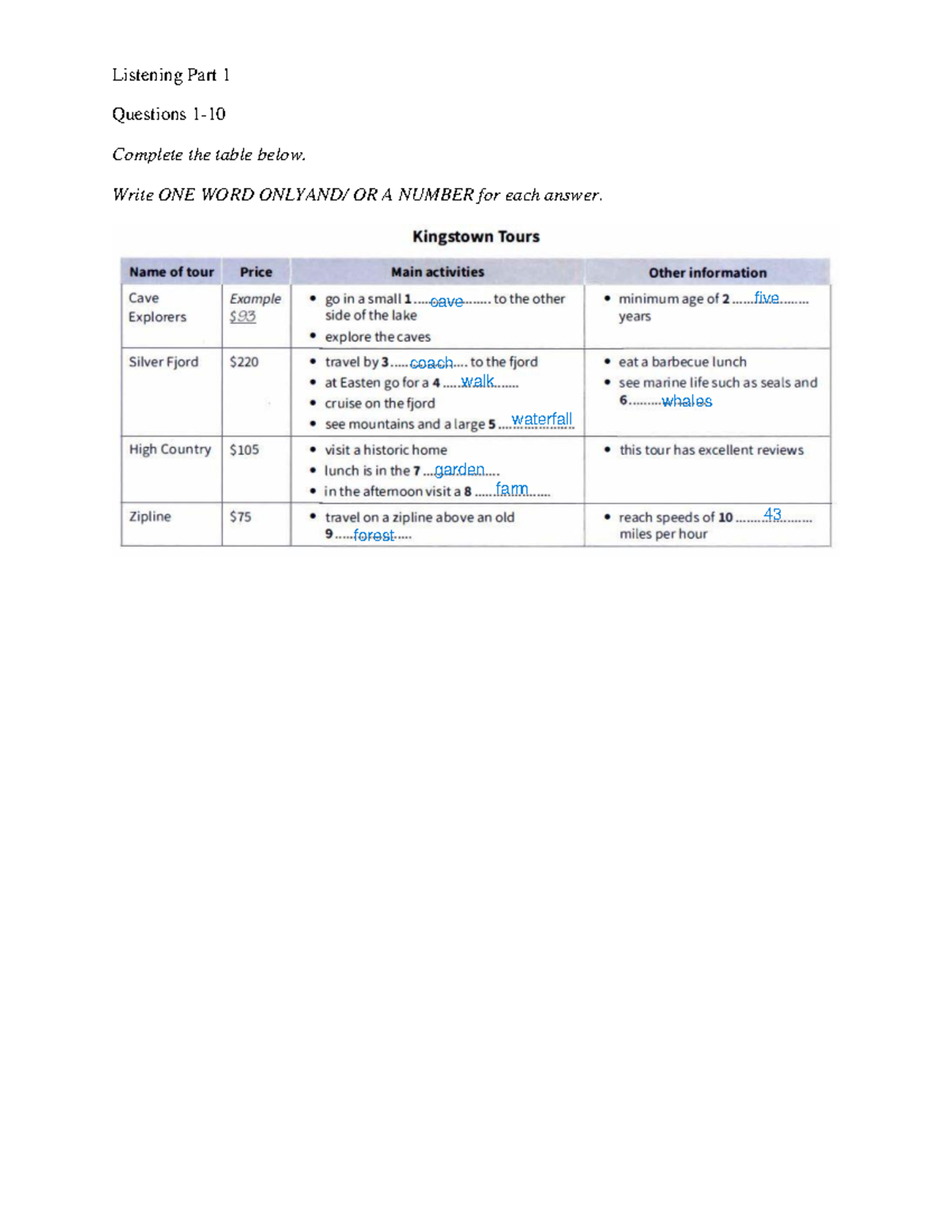 Listening answers 1 - Final exams - Listening Part 1 Questions 1 ...