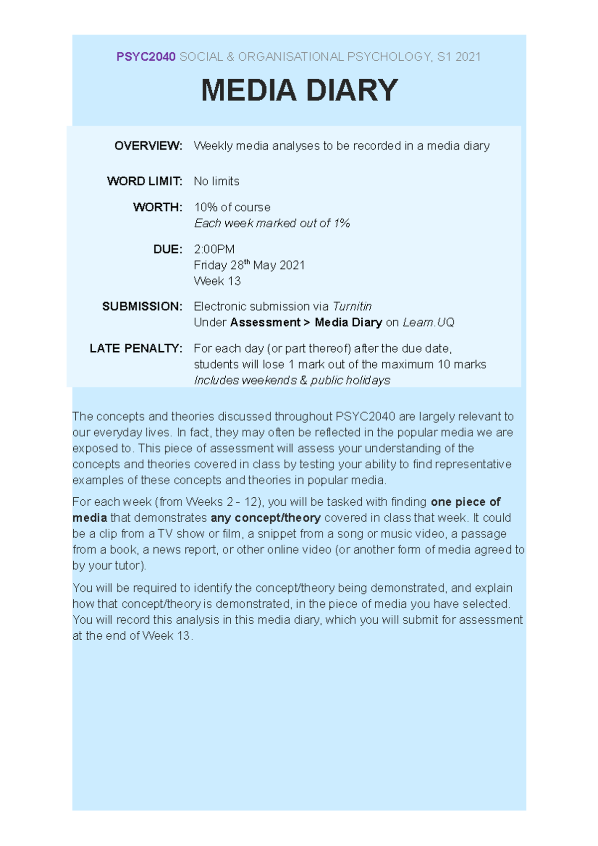 PSYC2040 Media Diary - MEDIA DIARY OVERVIEW: Weekly media analyses to ...