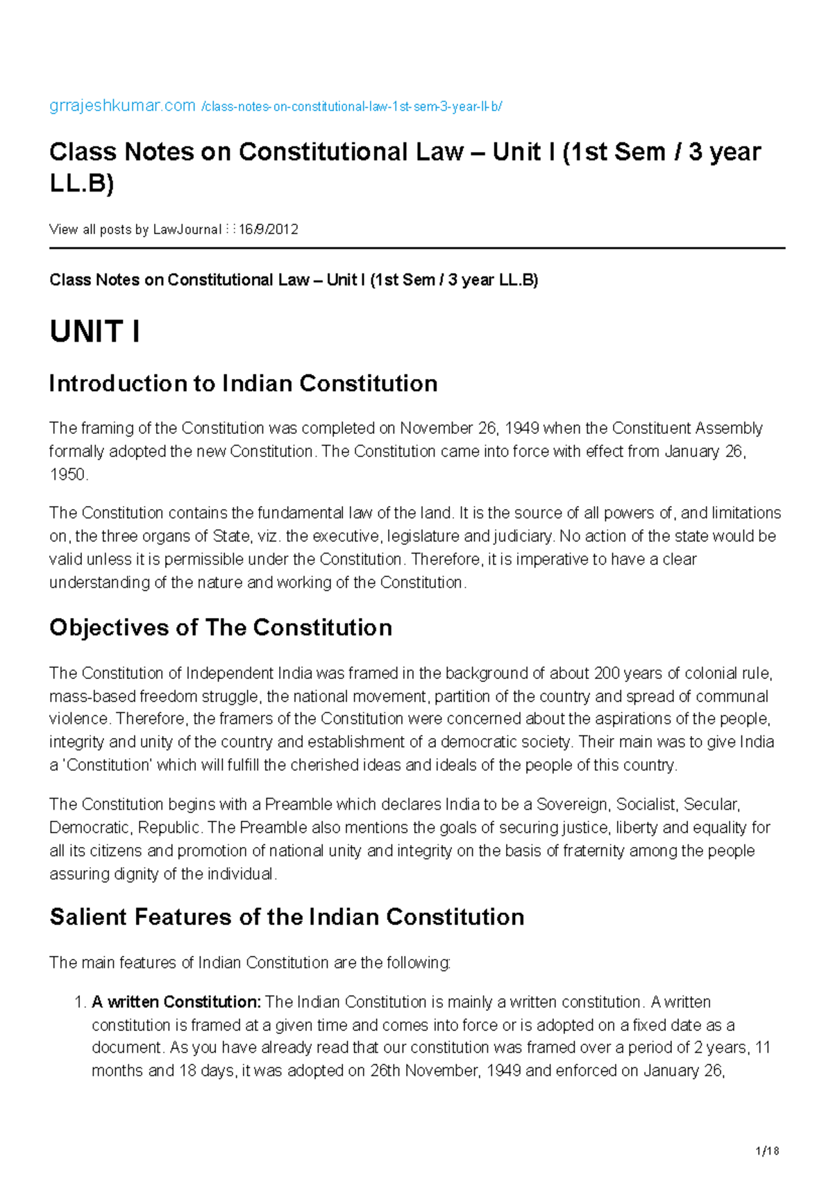 Class Notes on Constitutional Law Unit I 1st Sem 3 year LLB ...
