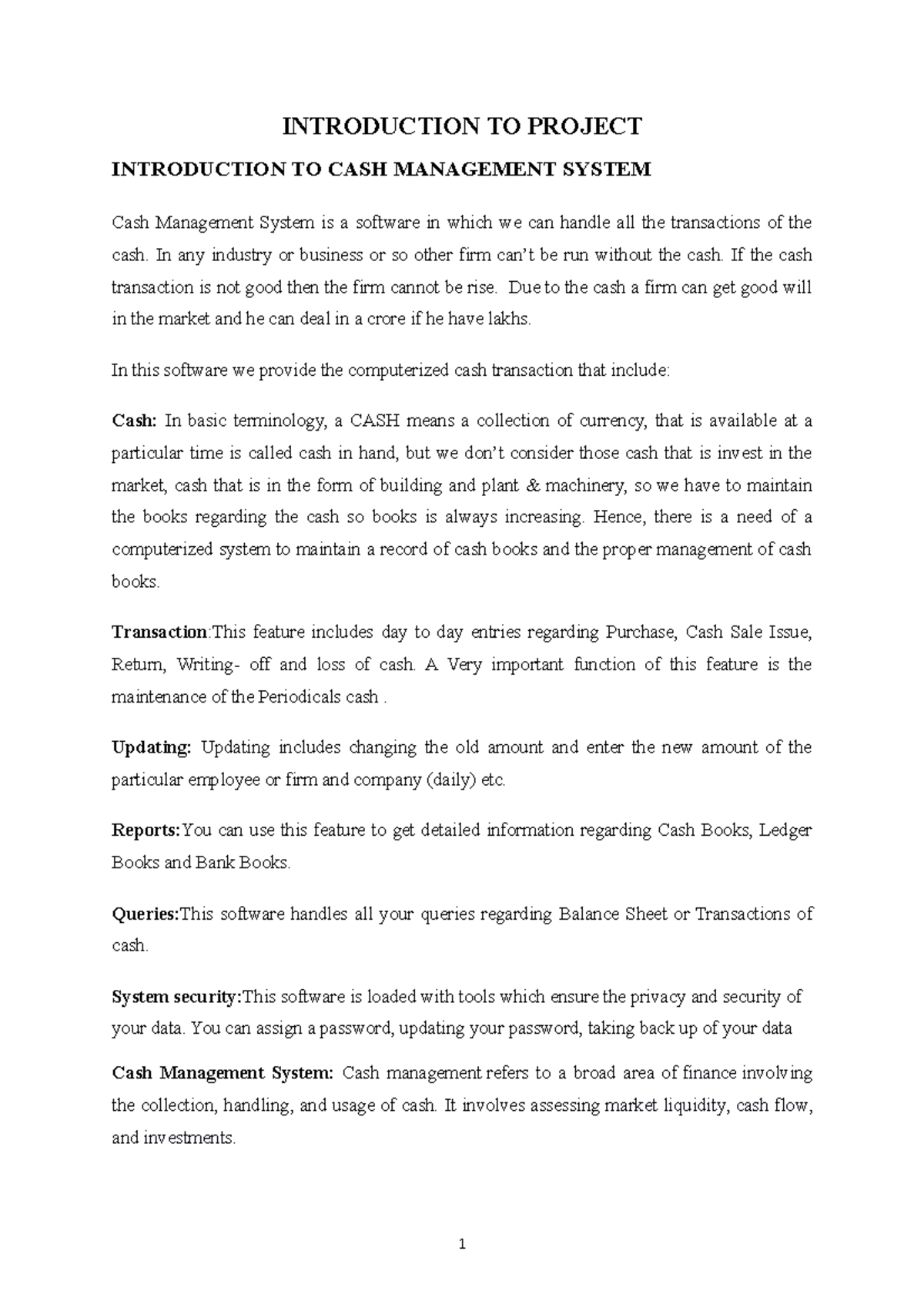 CASH Management System - INTRODUCTION TO PROJECT INTRODUCTION TO CASH ...