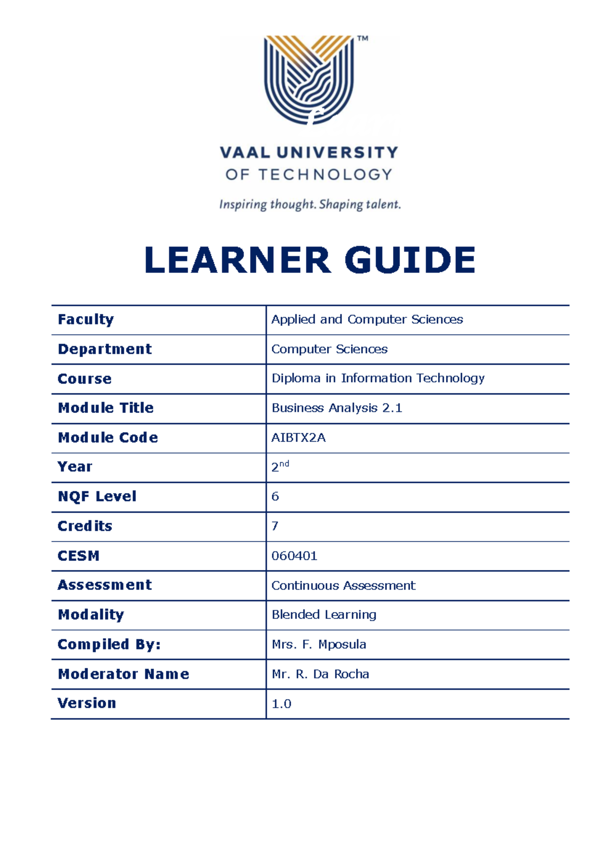 Aibtx 2A 2024 - study material - Learner Guide LEARNER GUIDE Faculty ...