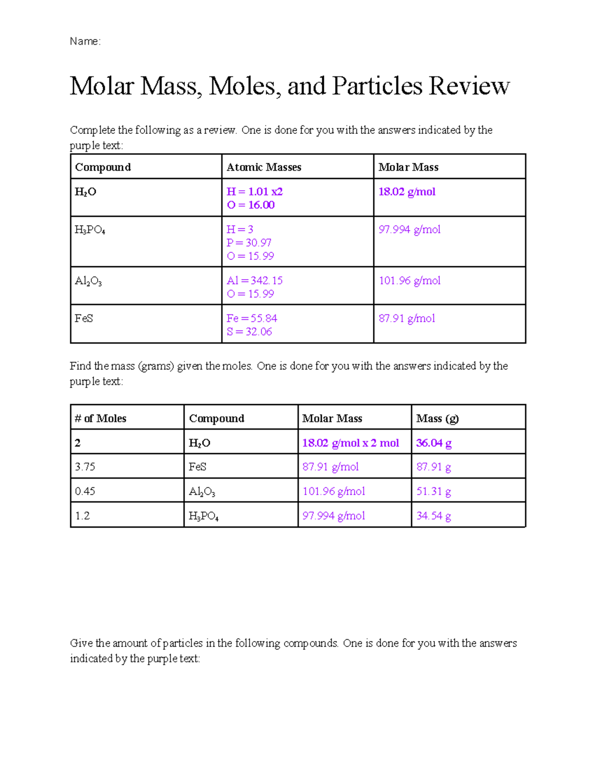 Molar Mass, Moles, and Particles Review - Studocu