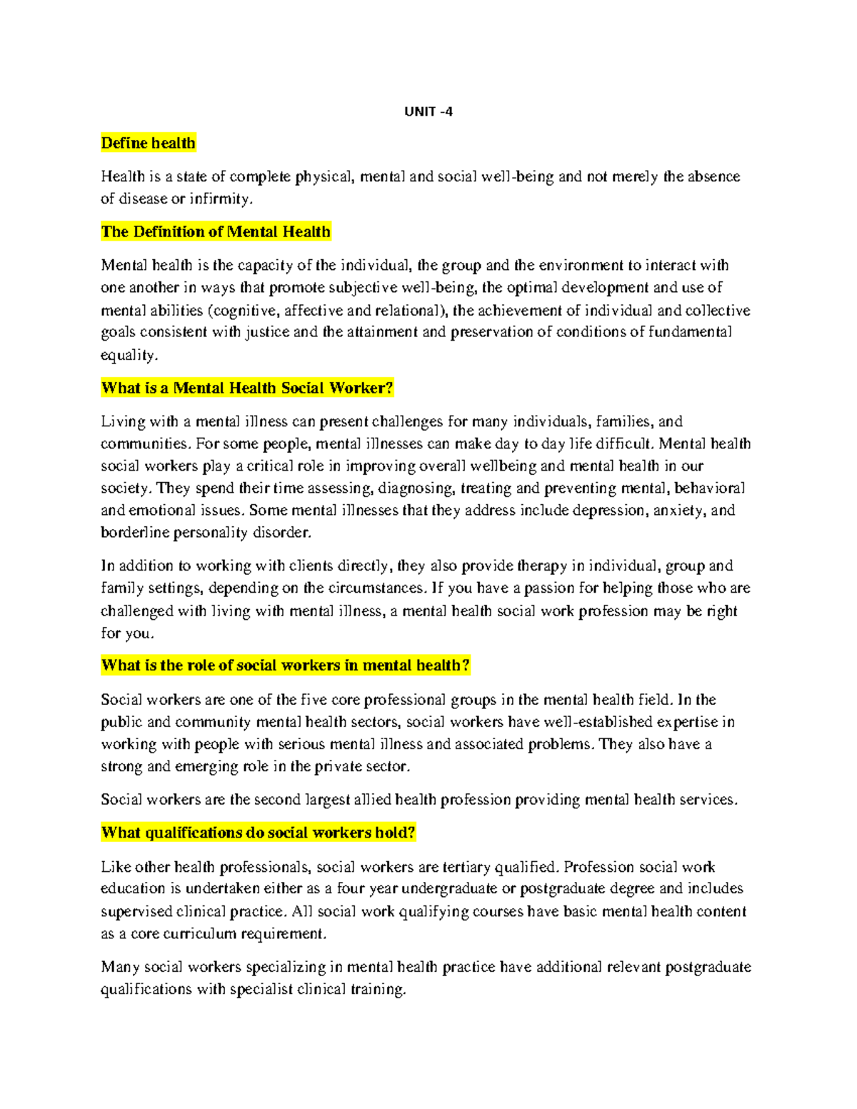 UNIT 4 full social work - UNIT - Define health Health is a state of ...