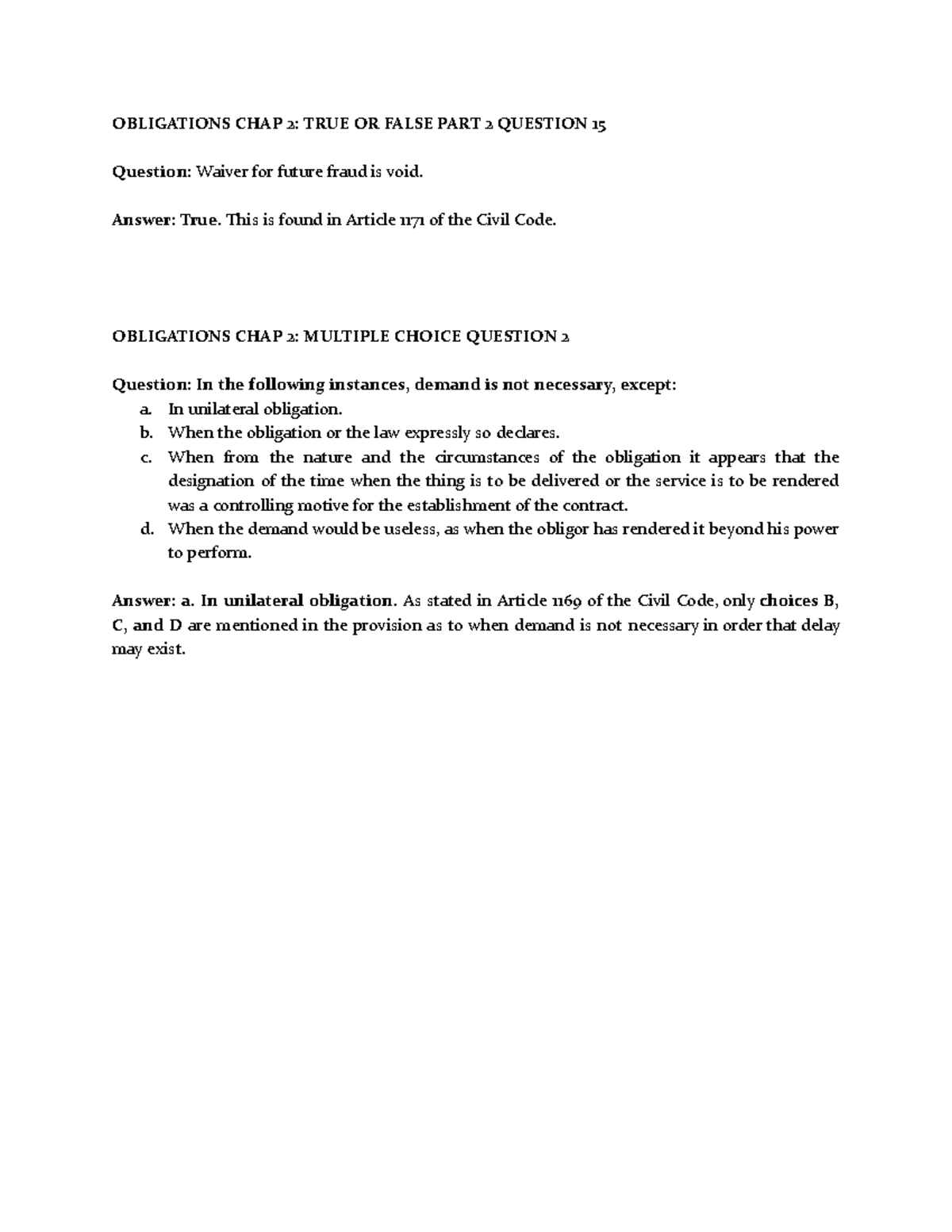 oblicon assignment domingo - OBLIGATIONS CHAP 2: TRUE OR FALSE PART 2 ...