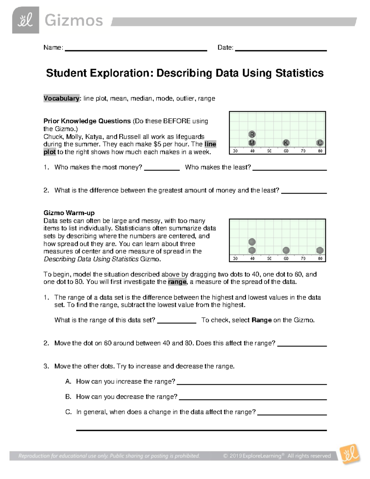Describing Data Using Statistics - Name: Date: Student Exploration ...