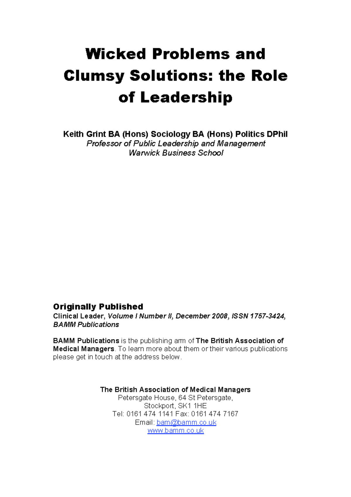Keith Grint Wicked Problems handout 2 - Wicked Problems and Clumsy ...