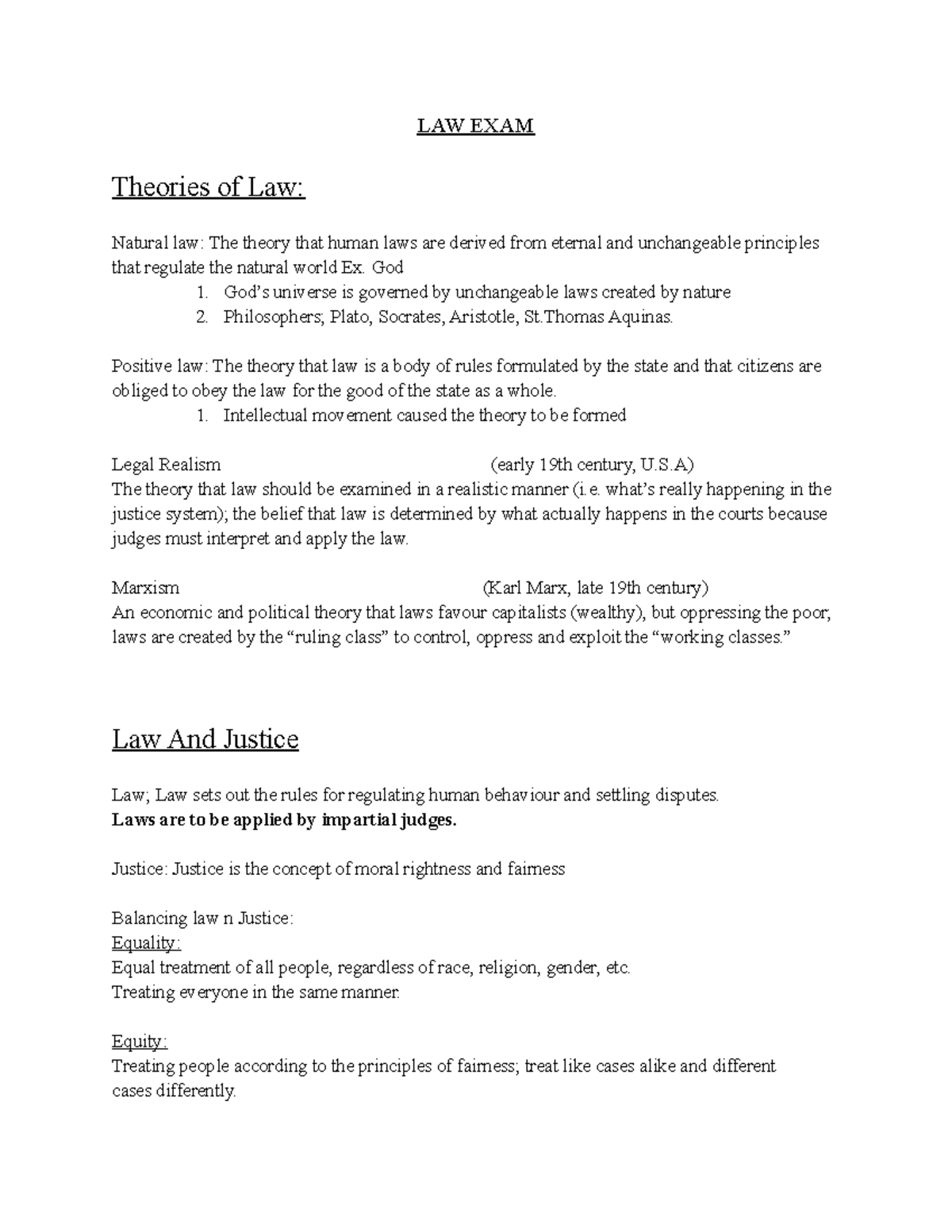 Exam Practice 1 to get better - LAW EXAM Theories of Law: Natural law ...