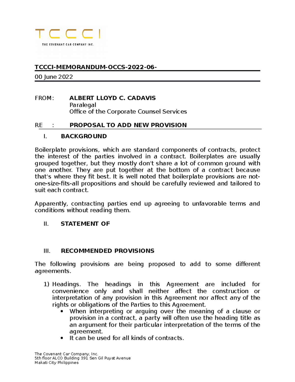 Proposal to add boilerplate provision - TCCCI-MEMORANDUM-OCCS-2022-06 ...