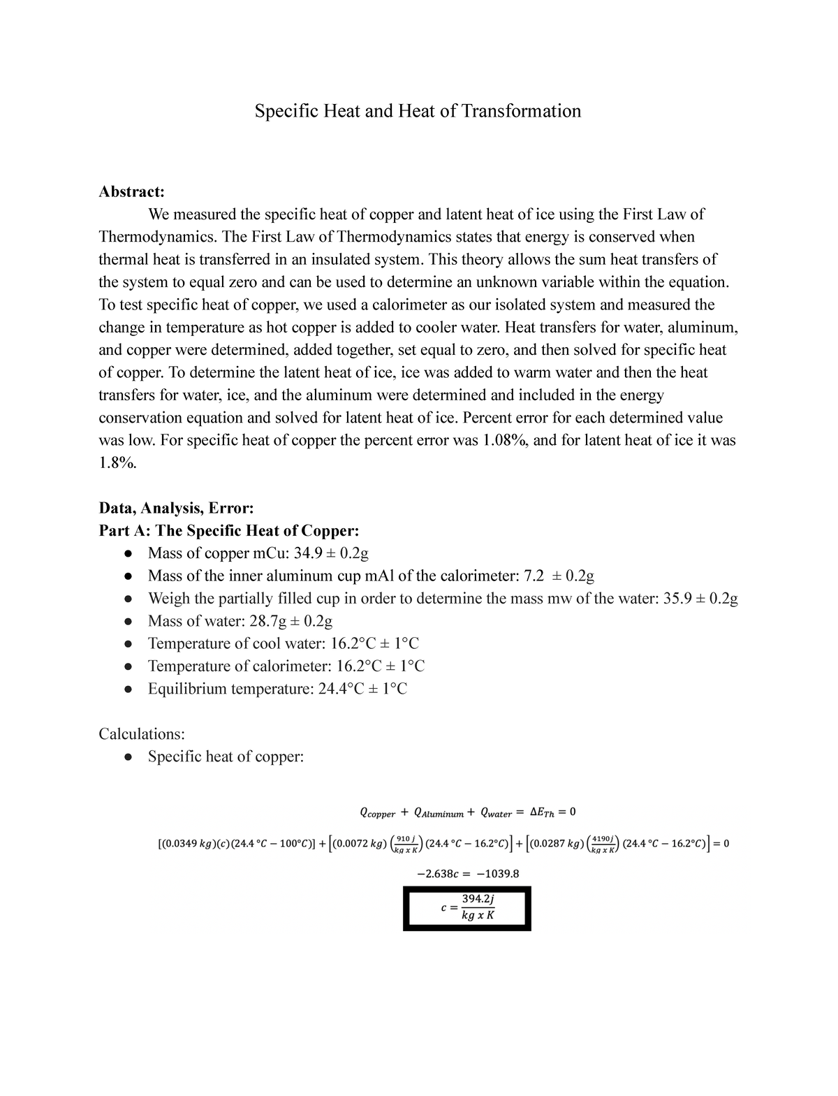 PHYS 122 Experiment 3: Specific Heat and Heat of Transformation ...
