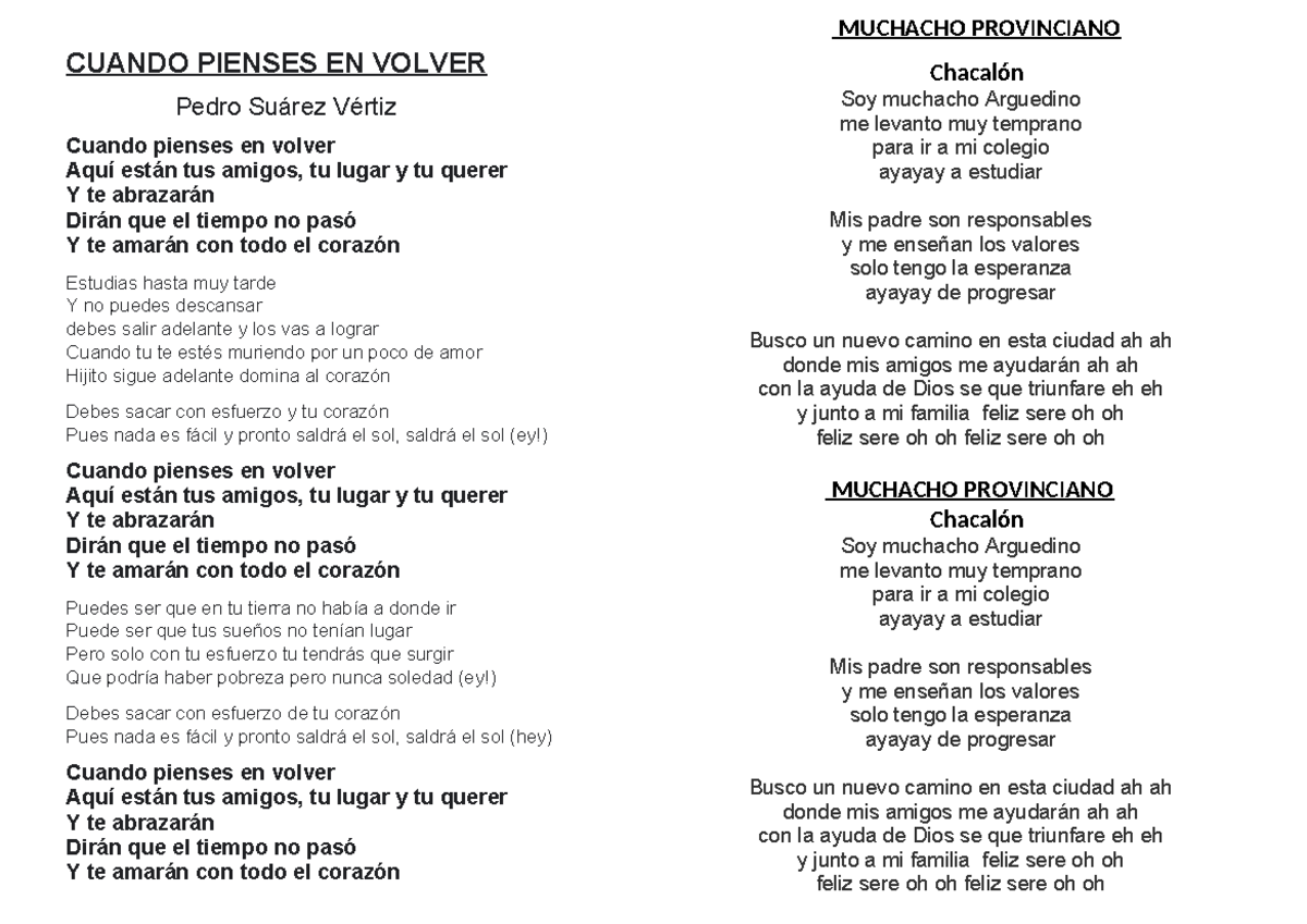 Coros DE Canciones 2022 - CUANDO PIENSES EN VOLVER Pedro Suárez Vértiz ...