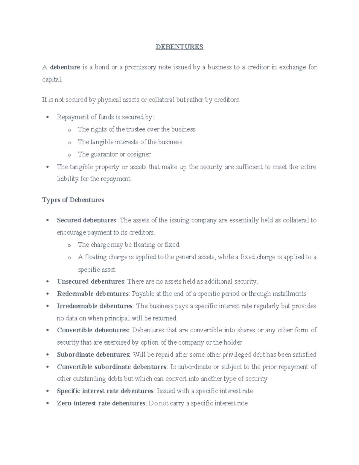 Debentures - Notes - DEBENTURES A debenture is a bond or a promissory ...