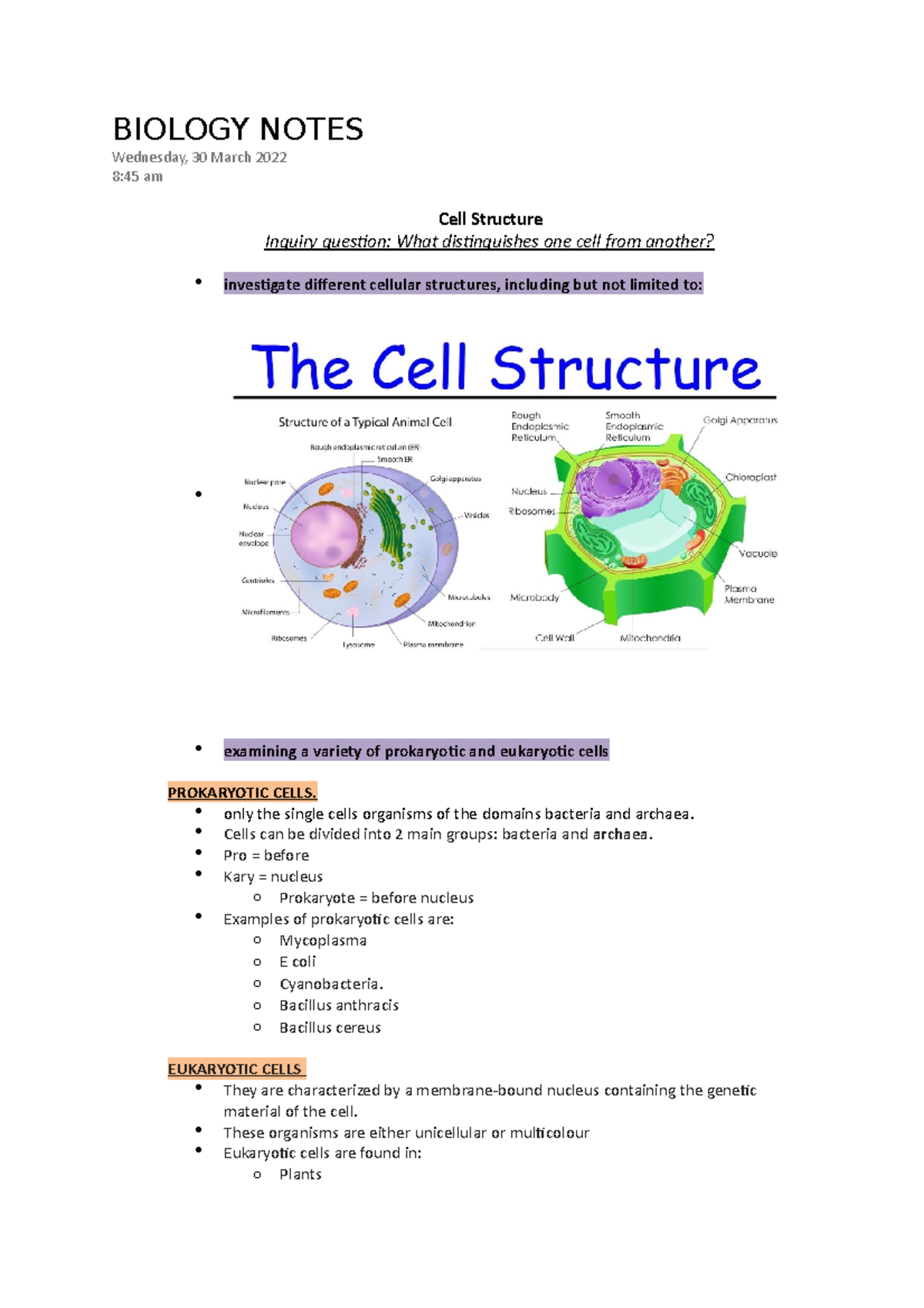 Biology Notes - BIOLOGY NOTES Wednesday, 30 March 2022 8:45 am Cell ...