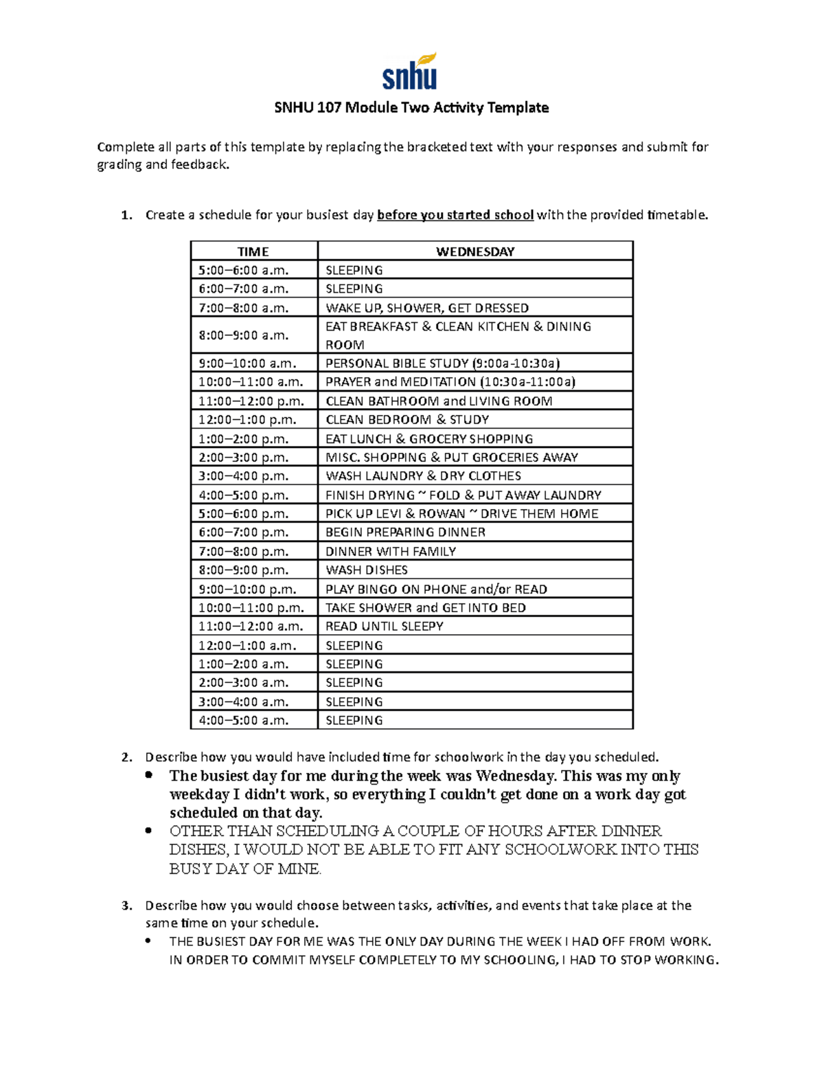 Mod2Activity Completed Busiest Day Schedule - SNHU 107 Module Two ...