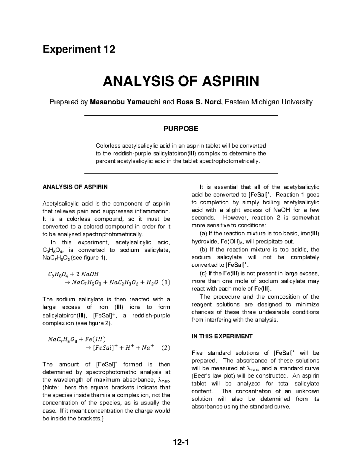 Analysis OF Aspirin, Eastern Michigan University - Experiment 12 ...