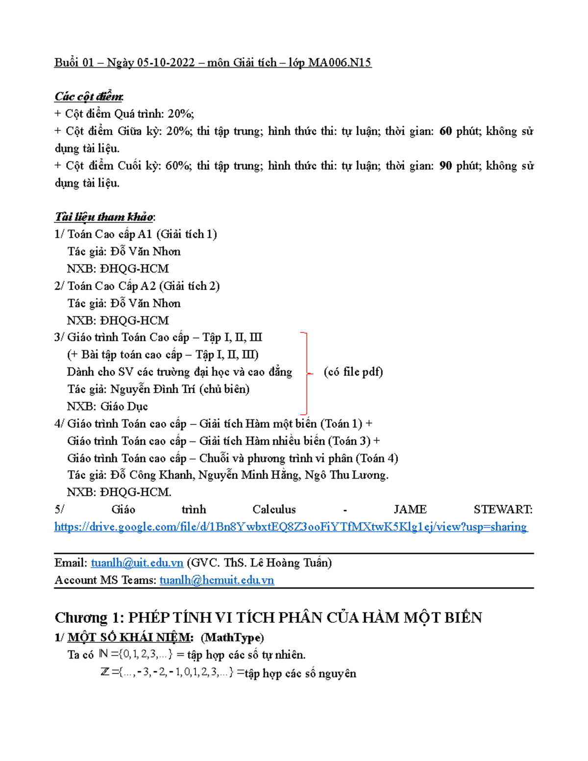 Buoi 01 - Ngay 05-10-2022 - mon Giai tich - MA006 - Buổi 01 – Ngày 05 ...