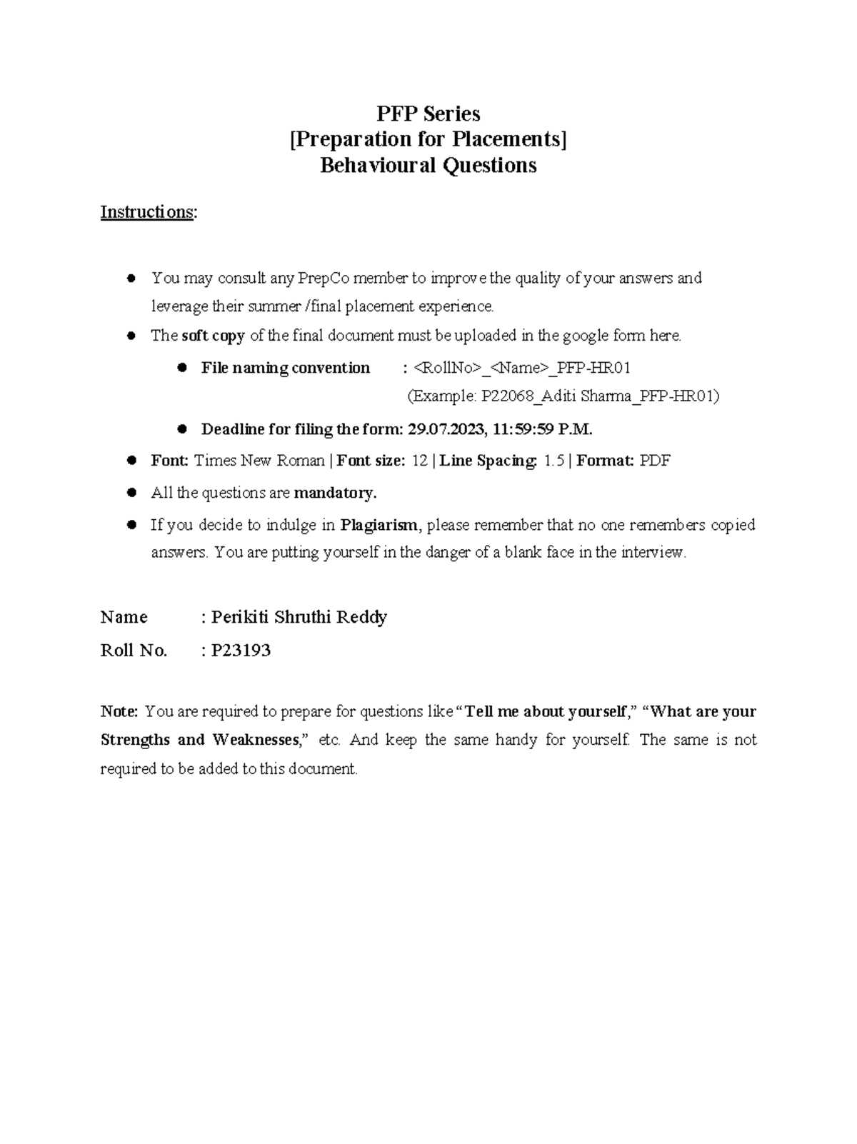 Behavioral Questions - PFP Series [Preparation for Placements] Behavioural Questions ...