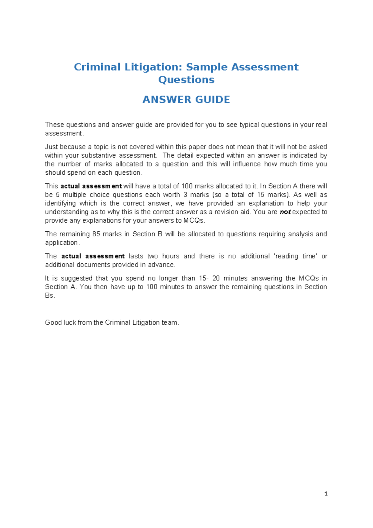 Sample Assessment Questions and Answer Guide - Criminal Litigation ...