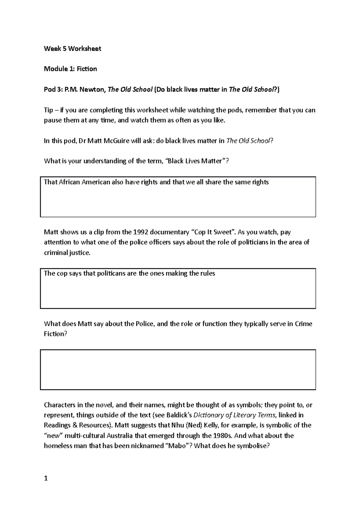 ILS Week 5 Worksheet by C - Week 5 Worksheet Module 1: Fiction Pod 3: P ...