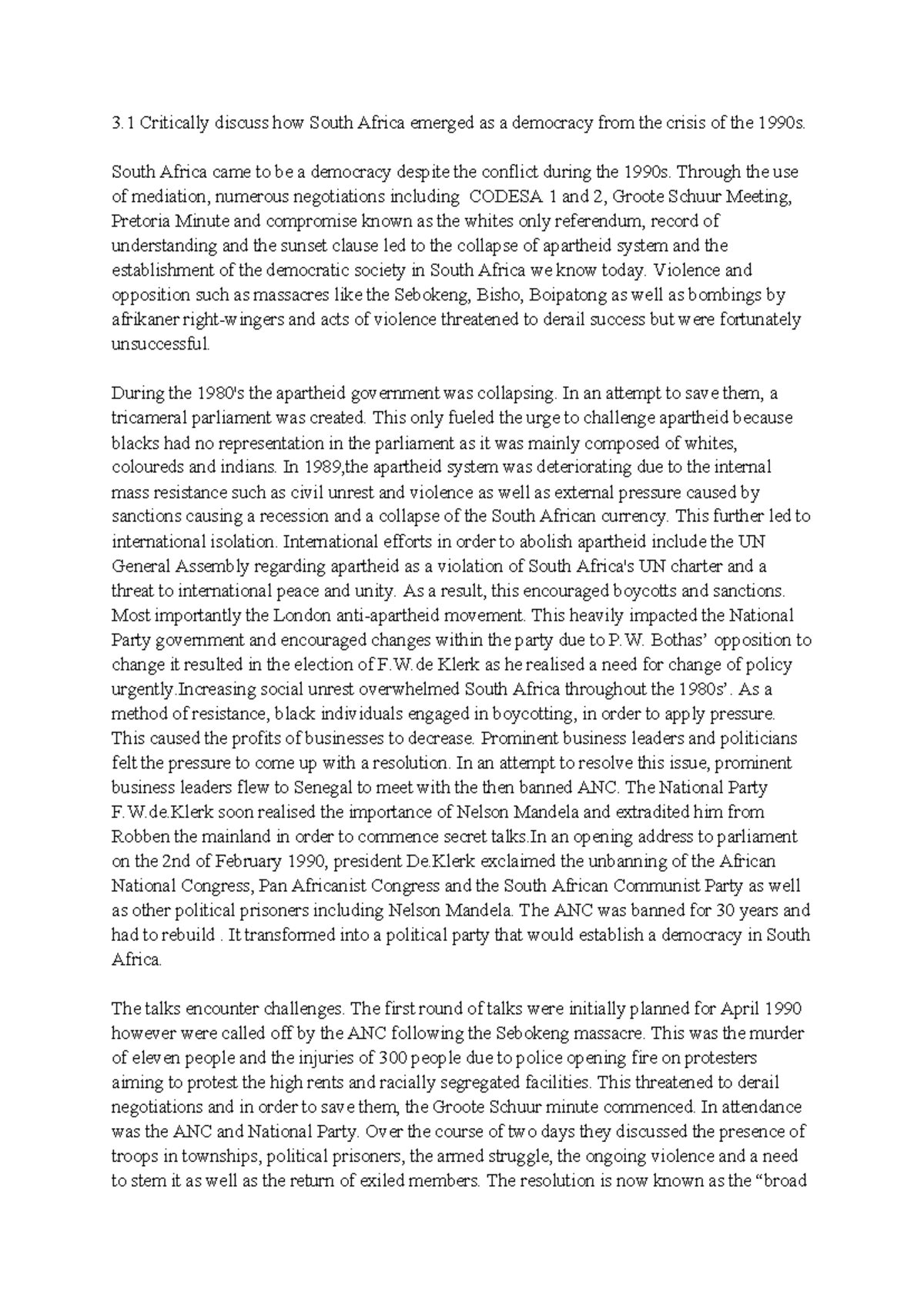 History research essay- GNU - 3 Critically discuss how South Africa ...