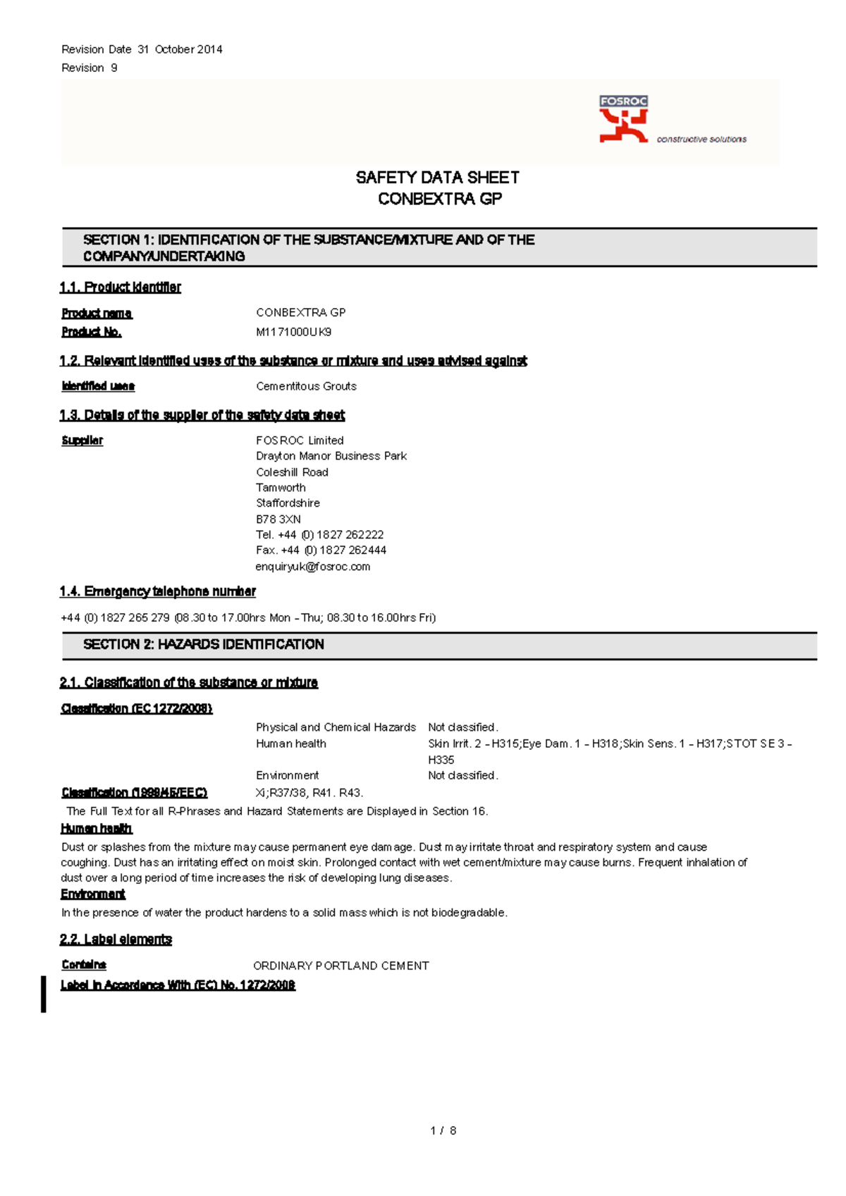 MSDS Conbextra GP - Safety Data - Revision Date 31 October 2014 ...