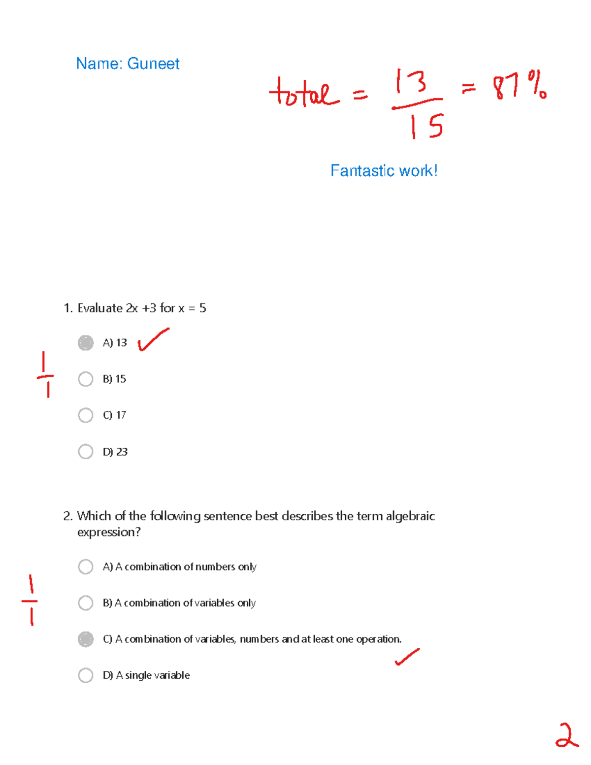 Grade 8 Algebraic Expressions Test - View results Anonymous 08: Time to ...