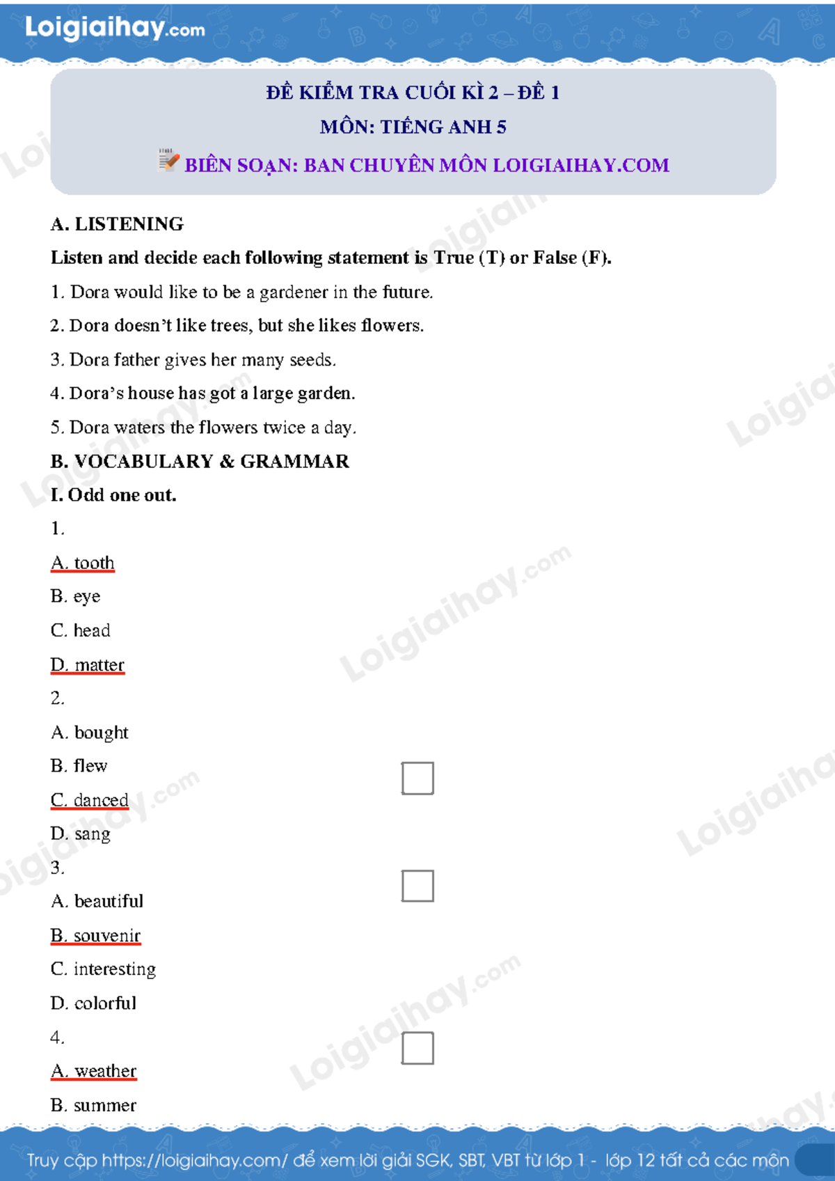 Tiếng anh lớp 5 - KEIESN THỨC - A. LISTENING Listen and decide each ...