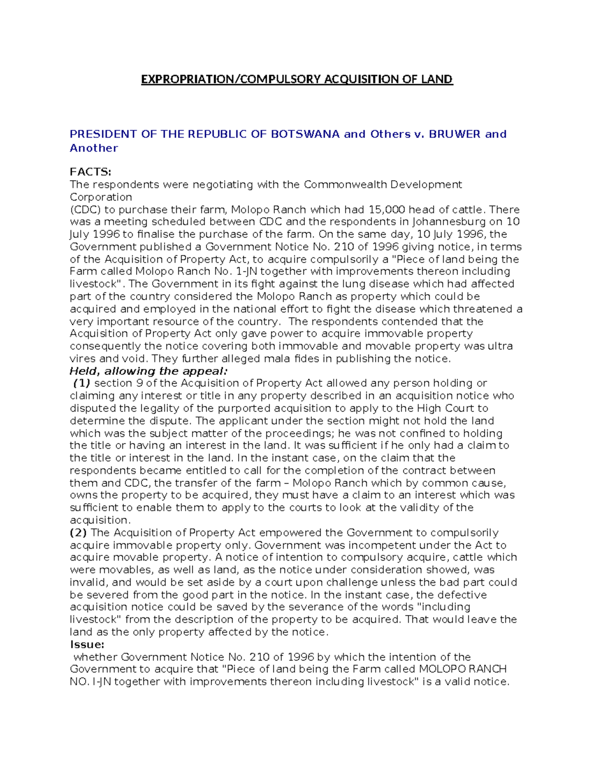 Expropriation,LAND LAW - EXPROPRIATION/COMPULSORY ACQUISITION OF LAND ...