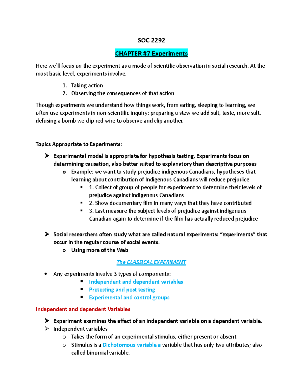 SOC 2292 UNIT 2 - reading unit 2 - SOC 2292 CHAPTER #7 Experiments Here ...