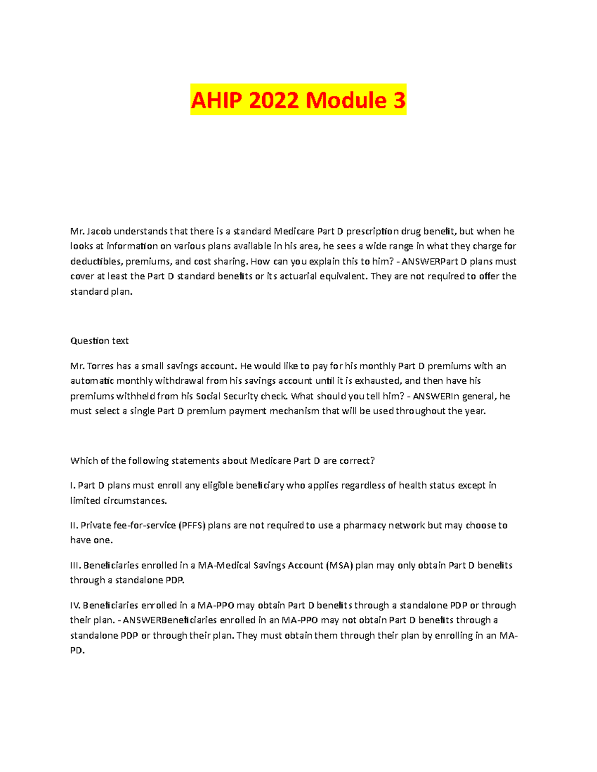 AHIP 2022 Module 3 - AHIP 2022 Module 3 Mr. Jacob understands that ...