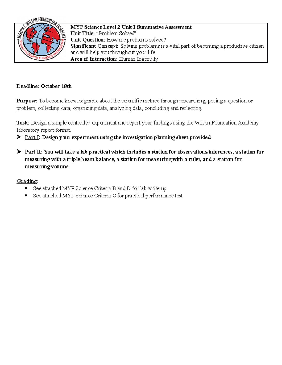 MYP Science Level 2 Unit 1 Summative Assessment - MYP Science Level 2 ...