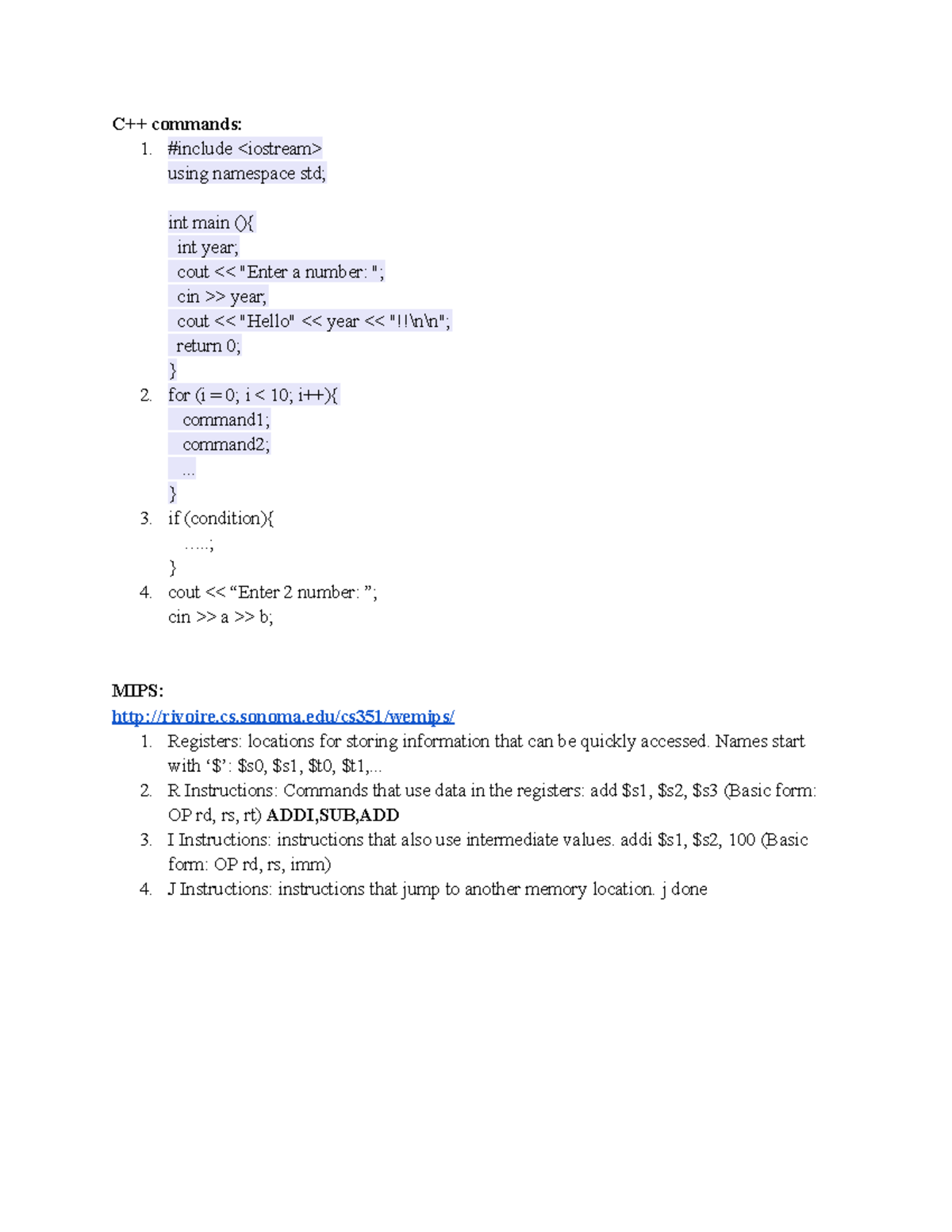 My Csci 127 Note C And Mips C Commands 1 Include Using Namespace Std Int Main